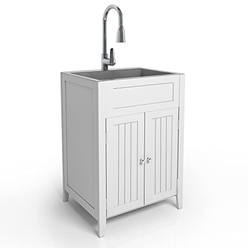 VINGLI 24-Inch Laundry Sink with Cabinet and Pull-Out Sprayer Faucet, Stainless Steel Utility Sink with Cabinet, White Cabinet with Sink for Laundry & Utility Room, Kitchen, Bathroom, Basement