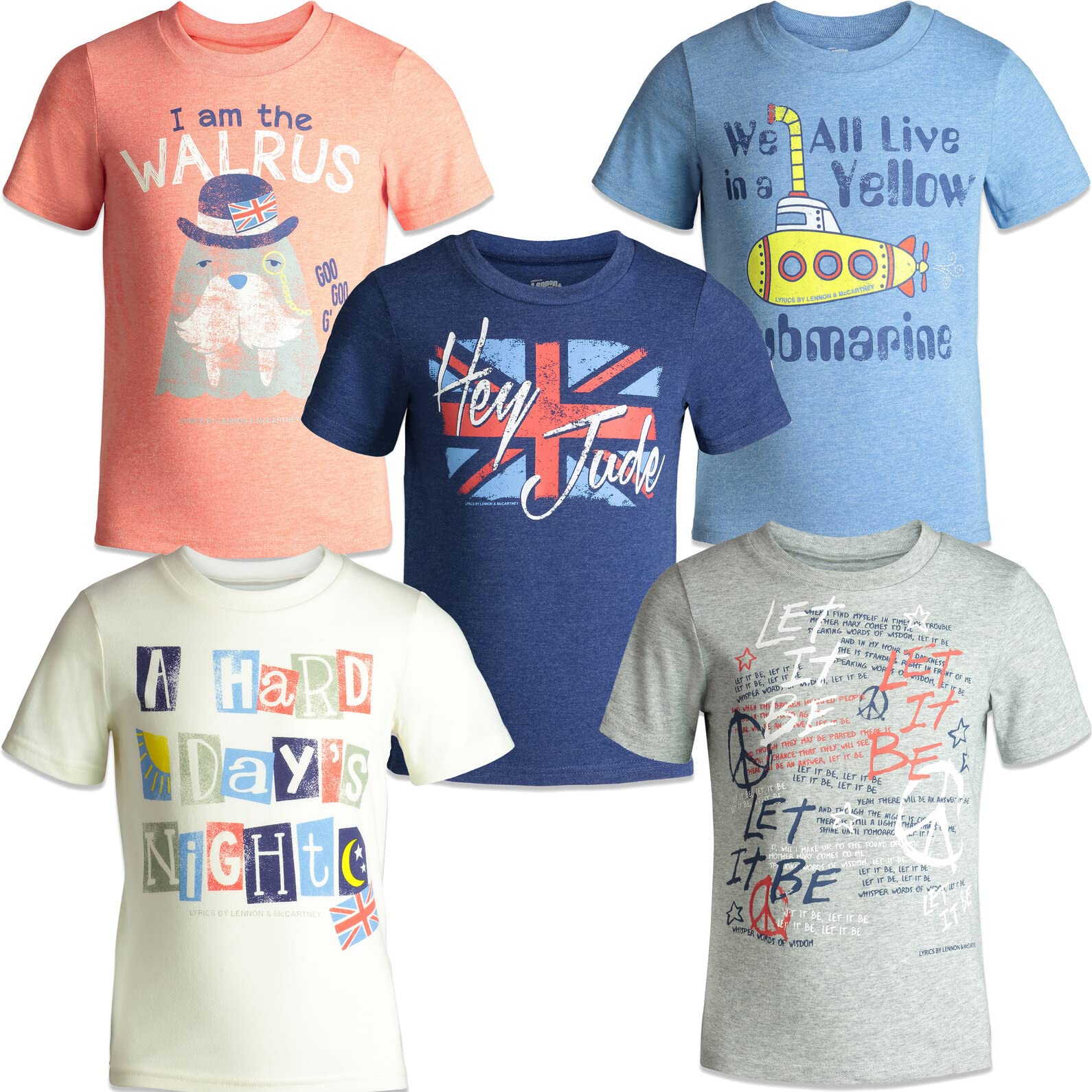Lyrics by Lennon and McCartney Big Boys 5 Pack T-Shirts Multicolor 10-12