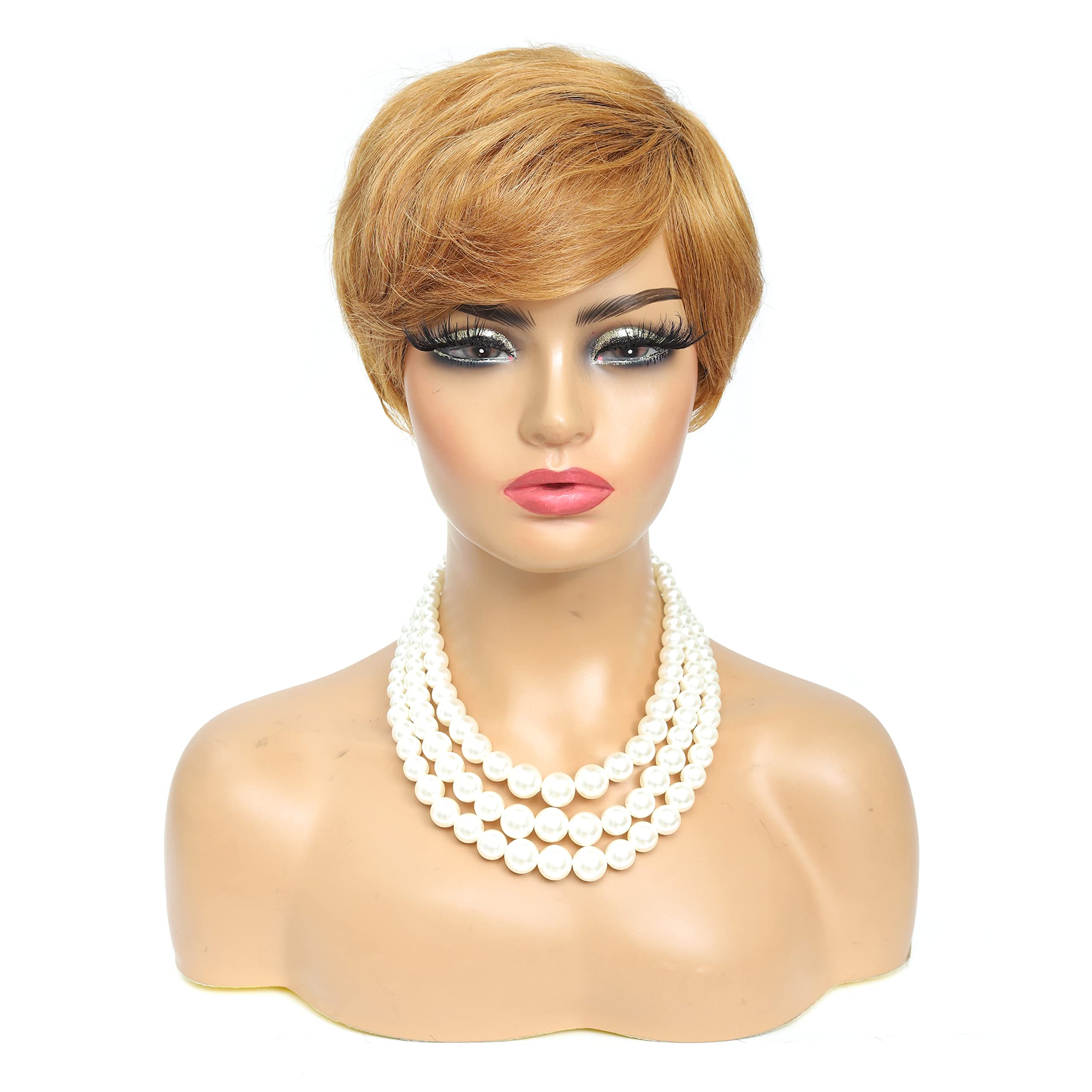 Yonova Pixie Cut Wig Human Hair for Women Short Wigs Layered Pixie Haircut Side Bangs Full Machine Made Gluless Natural Wavy Short Wig Black Color