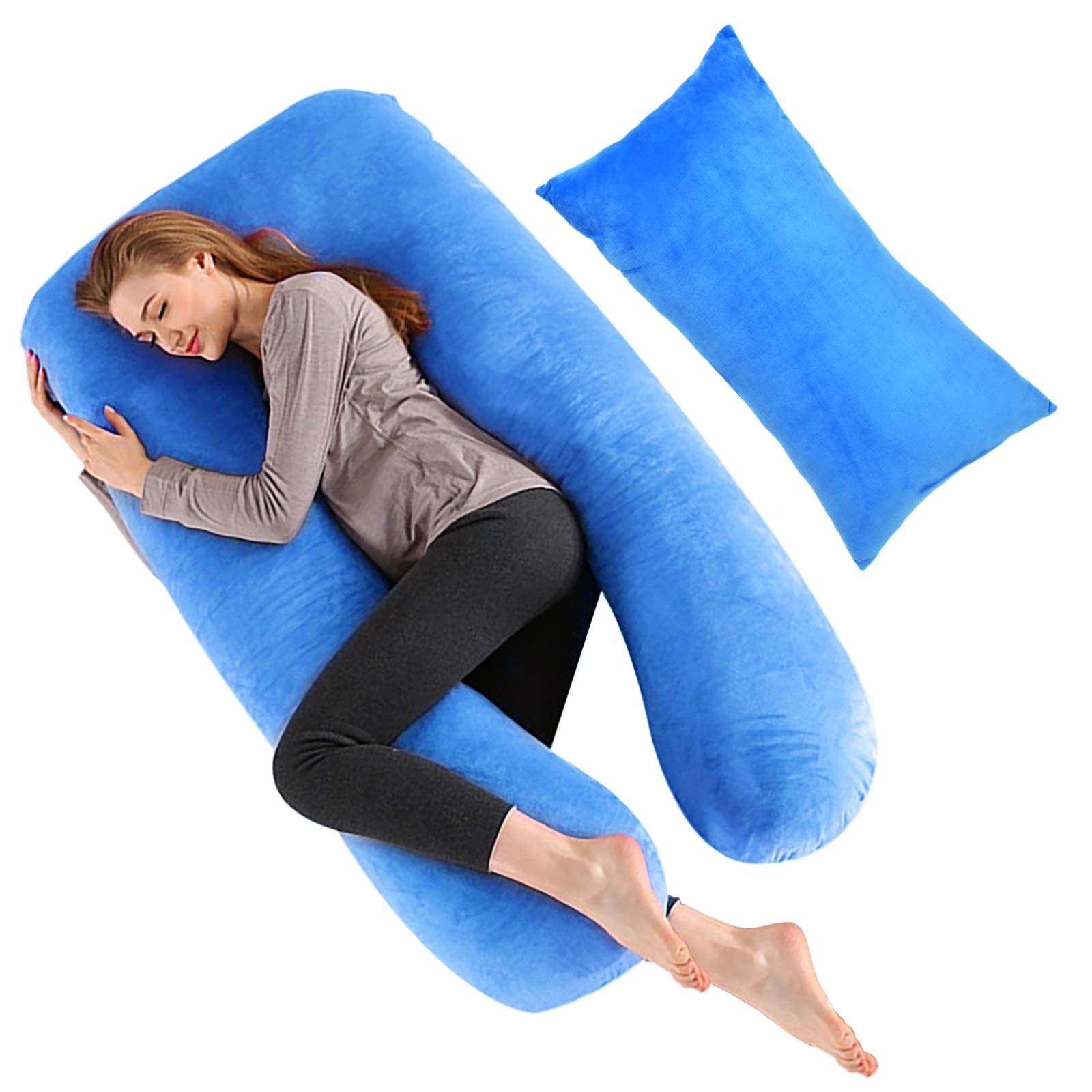 Mandzixin Pregnancy Pillow, Maternity Body Pillow with Velvet Separate Support Pillow Removable Cover,Side Sleeping and Back Hips, Legs Support for Pregnant Women (Light Blue, U Shaped+Body Pillow)