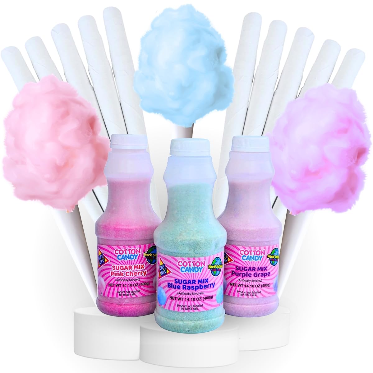 Lupy Lups! Sugar Mix Kit Floss Sugar With 3 count -14.10 oz Plastics Jars of Blue Raspberry, Purple Grape & Pink Cherry- 50 Paper Cones- Create Delicious Fluffy Cotton Candy - Cotton Candy also floats atop beverages! (Sugar Mix w Cones)