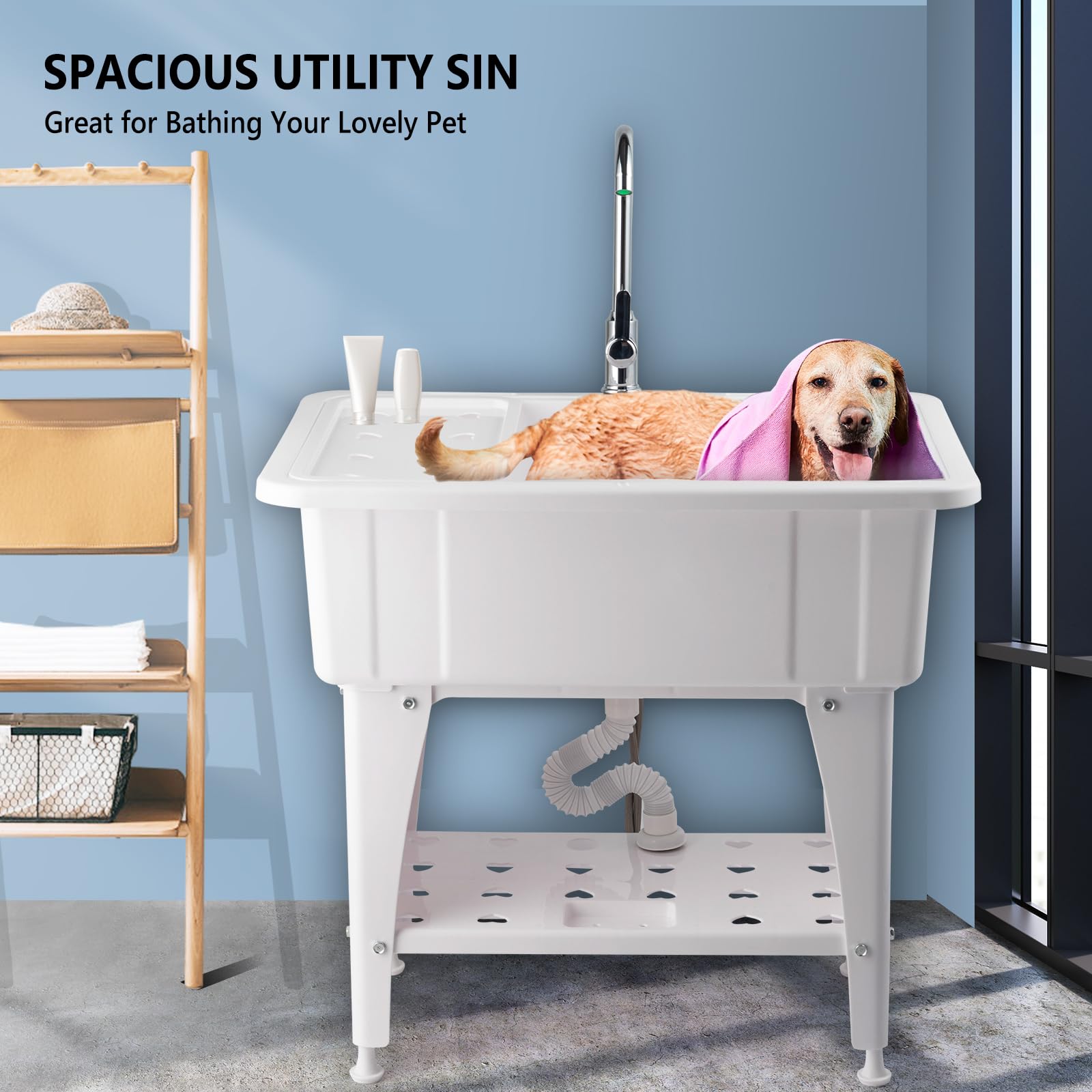 VINGLI Utility Sink Laundry Tub for Washing Room, Freestanding Utility Sink with Stainless Steel Faucet, White, 32.3"W x 22.4" D x43.3"H(Include Faucet)