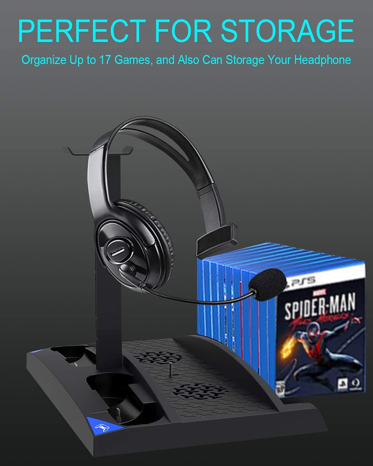 PS5 Cooling Fan Stand, arVin PS5 Stand Cooler with Dual Controller Charging Station, 1 Headset Holder & 17 Game Slots Organizer for Playstation 5 Console Digital Edition & Disc Edition