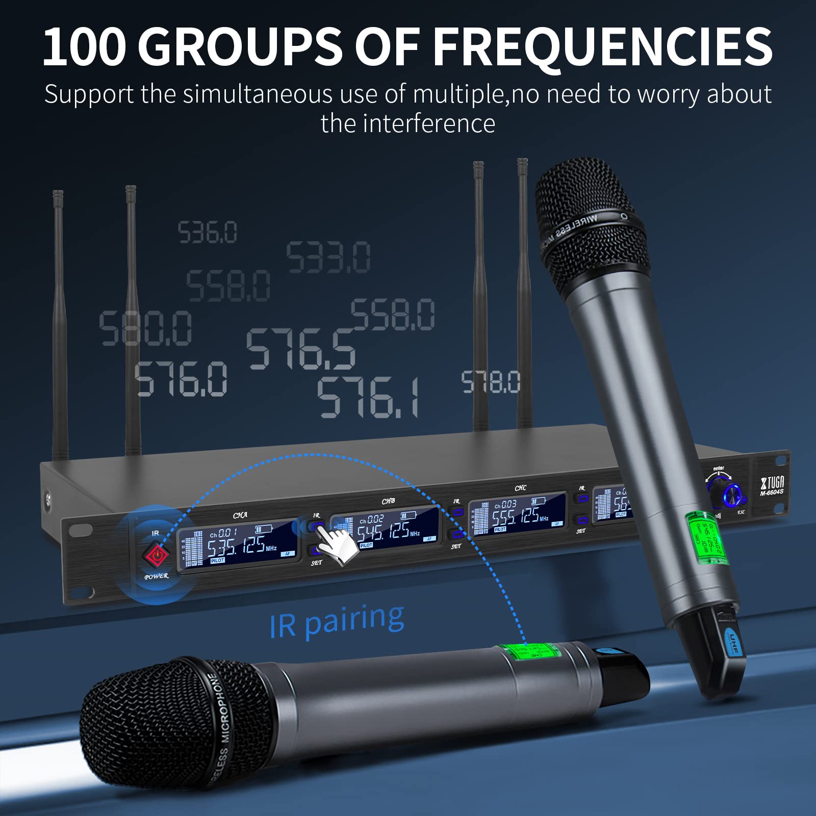 XTUGA M-6604S Professioanl 4 Channel Wireless Microphone System,True Diversity Cordless Handheld Microphone Whole Metal Bulid with IR Function EQ Effect,Long Range 390ft for Church/Karaoke/Weddings