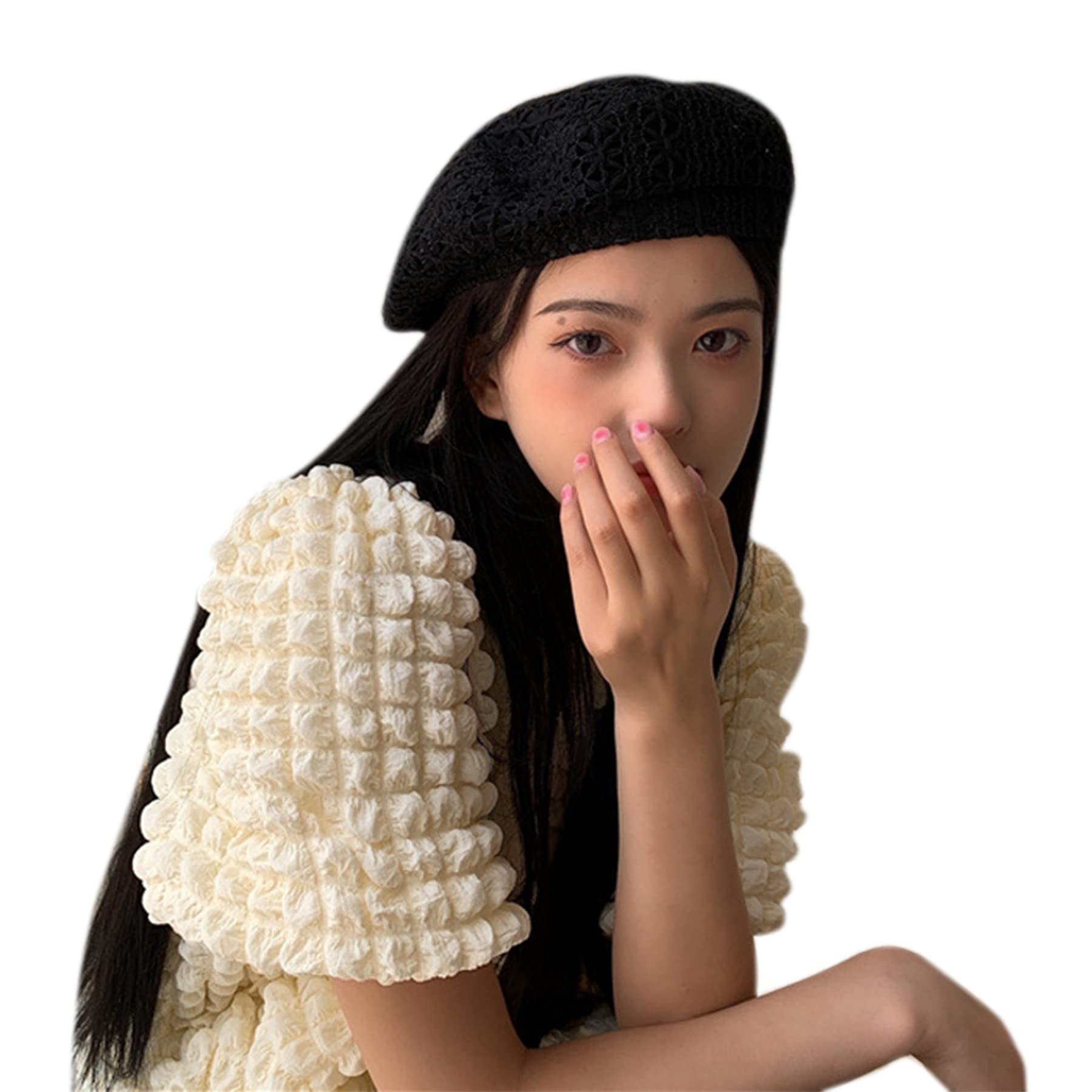 Women Lace Lightweight Beret Floral Hollow Out Hat Breathable French Beret Beanie Hat Cap for Spring Summer, Black