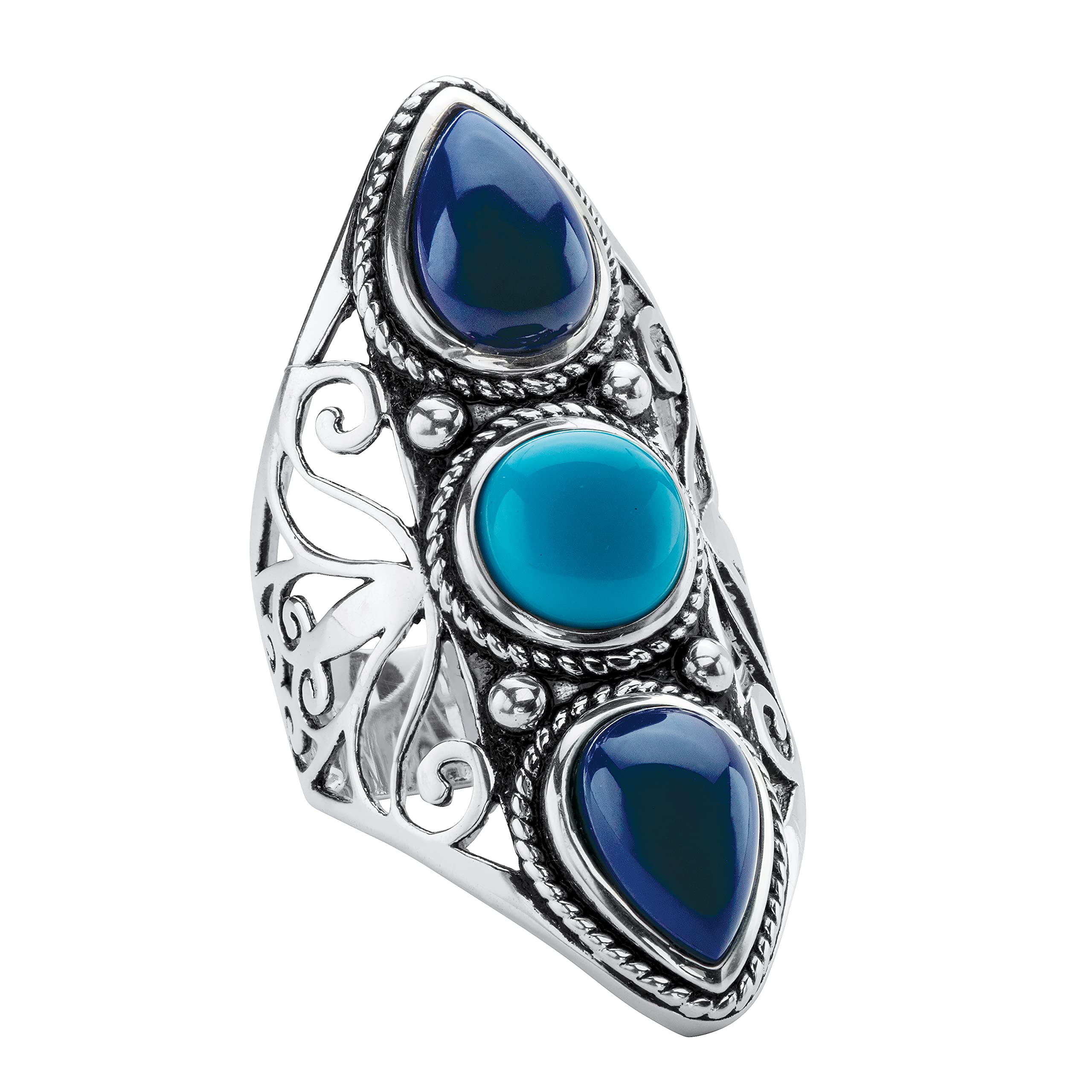 PalmBeach Jewelry Sterling Silver Antiqued Round Simulated Turquoise and Pear Blue Simulated Lapis Boho Scroll Ring Sizes 6-10 Size 9