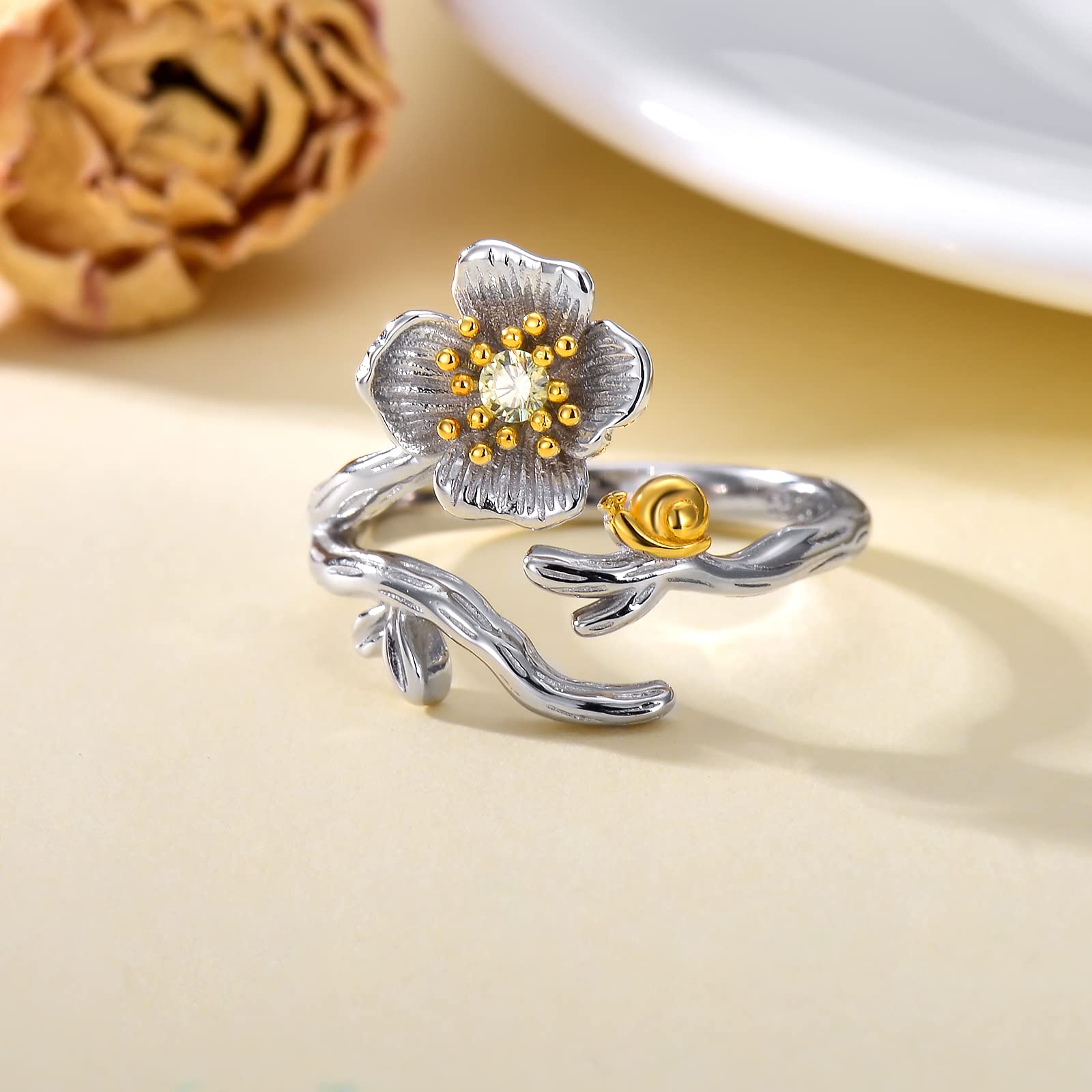 RMREWY 925 Sterling Silver Blooming Poppy Flower Open Ring Adjuastable Ring Jewelry Unique Gift for Women (7.5)