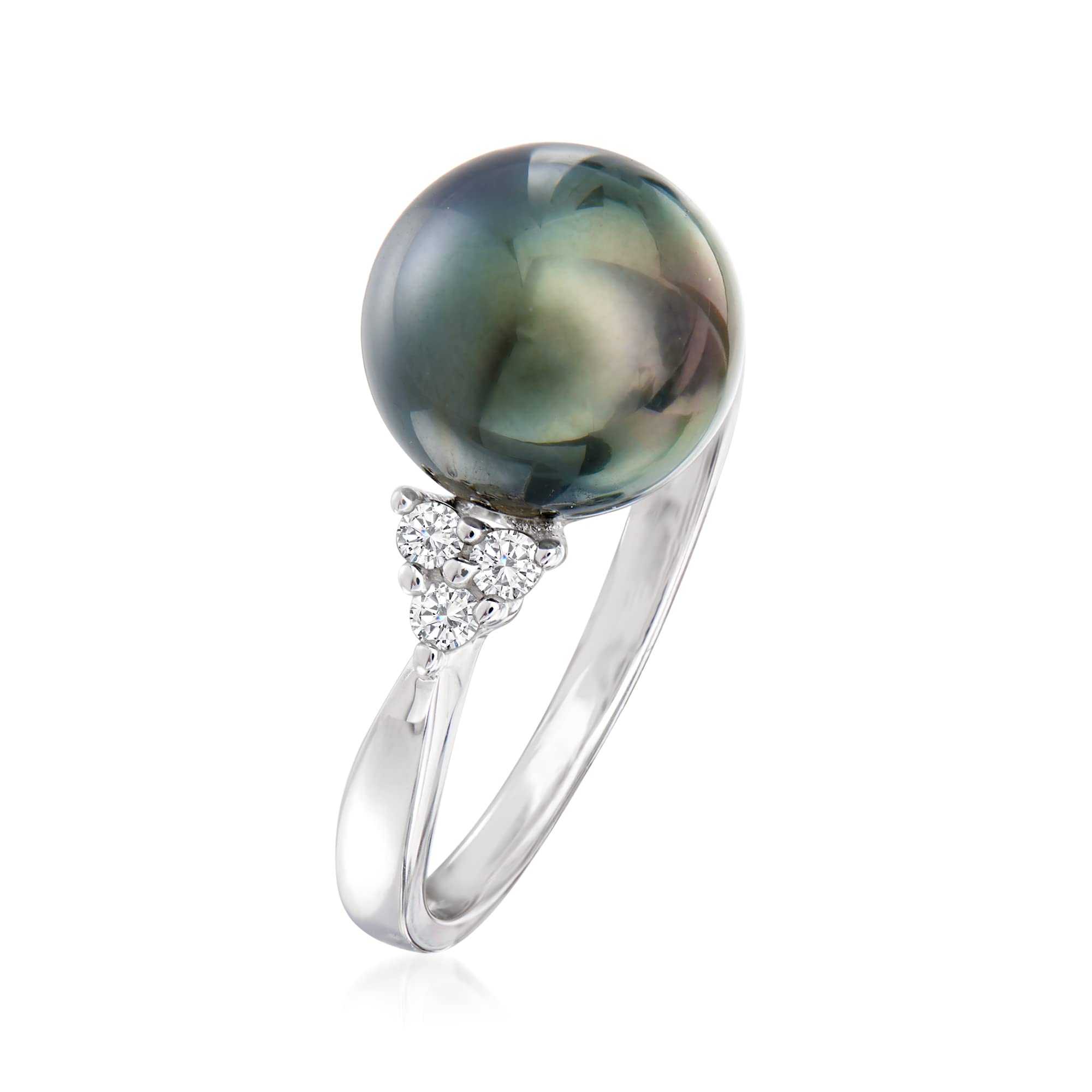 Ross-Simons 9-9.5mm Black Cultured Tahitian Pearl and .13 ct. t.w. Diamond Ring in Sterling Silver. Size 8