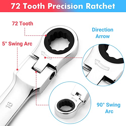 Towallmark 14-Piece Flex-Head Wrench Set, Ratcheting Combination Set, SAE 5/16"-11/16""& Metric 8-16mm, 72-Teeth,Cr-V Steel Ratchet Wrenches Set with Storage Bag for truck/garage projects, etc.