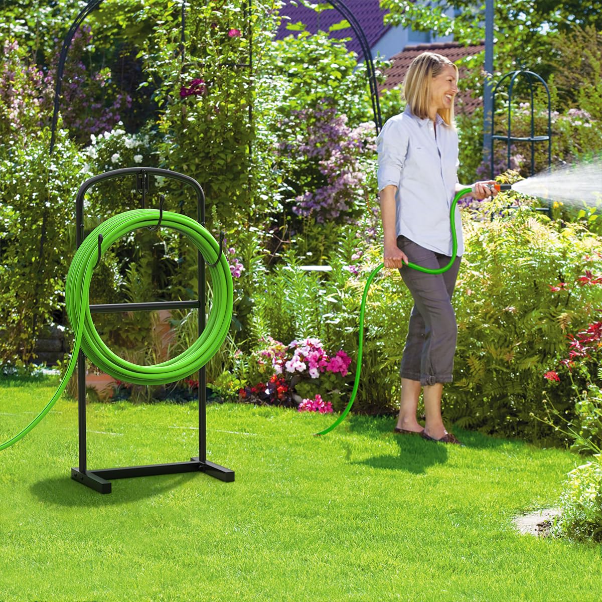 Venkuber Garden Hose Holder, Freestanding Water Hose Stand with Hanger Hooks Hose Rack for Yard Outside, Black