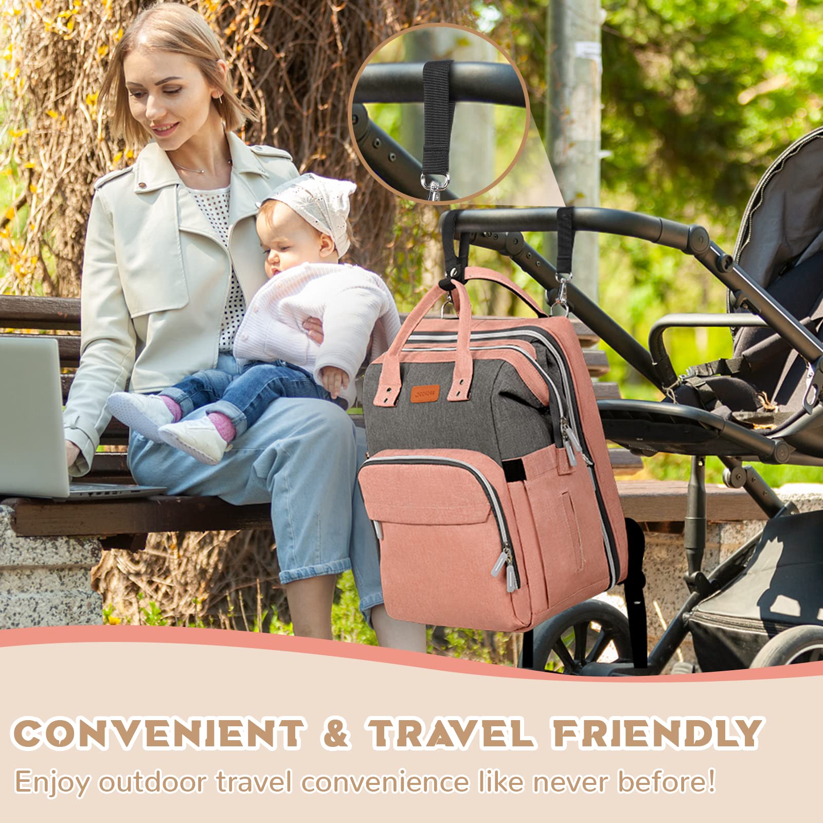 Yoofoss Baby Diaper Bag Backpack, Large Baby Bag Multifunction Diaper Backpack for Baby Girls Boys with USB Charging Port Stroller Straps Pink