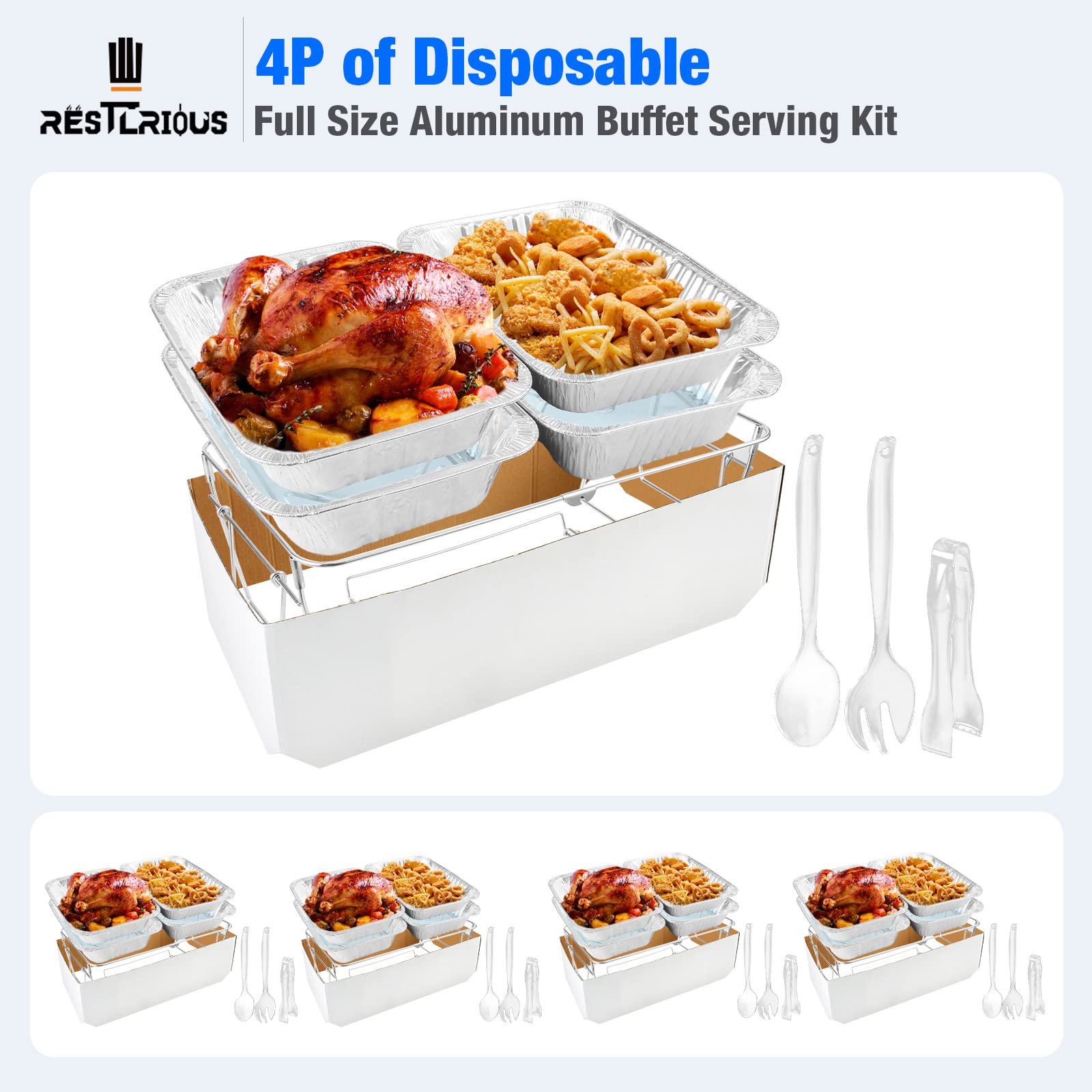 Restlrious Chafing Dish Buffet Set Disposable 4 Pack Full Size Aluminum Buffet Serving Kit, Chafer Stand Kit for Food Warmer in 36 Pieces w/Food Pan Water Pan & Utensils, for Parties Events BBQ