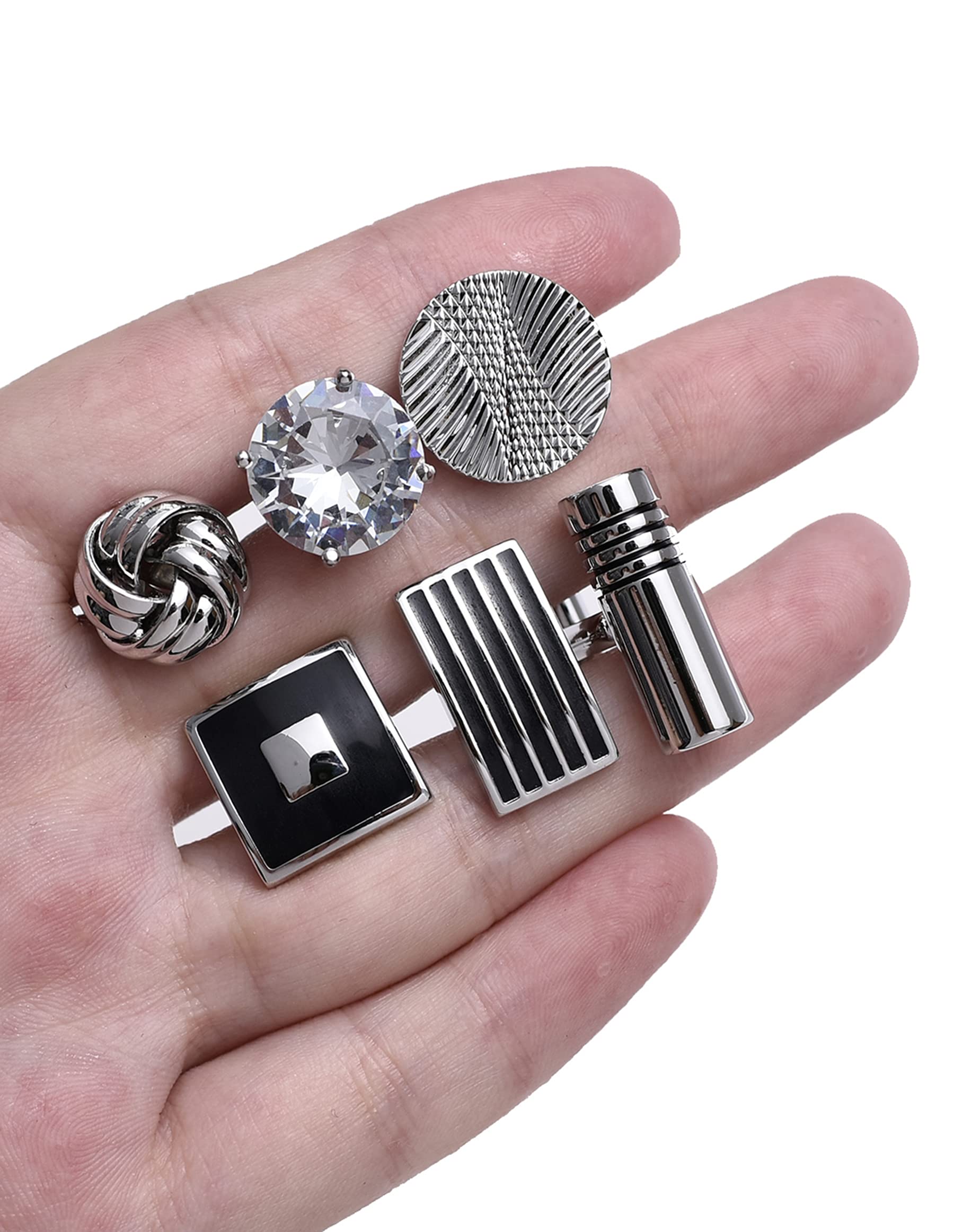 Ofeiyaa 6 Pairs Cufflinks Classic Striped Disc Square Spherical Knot CZ Rectangle Cylindrical Cufflinks Set for Men