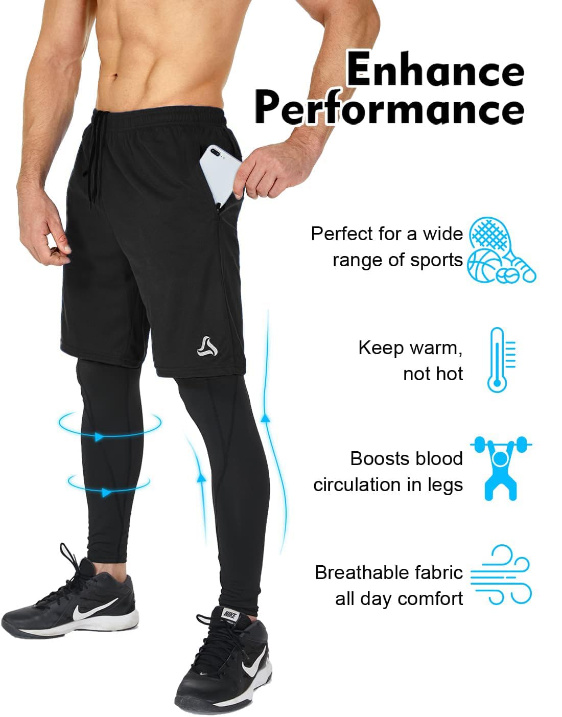 SILKWORLD Men's 2 in 1 Running Pants Workout Gym Compression Legging Sweatpants with Zipper Pockets, Dark Red,XX-Large