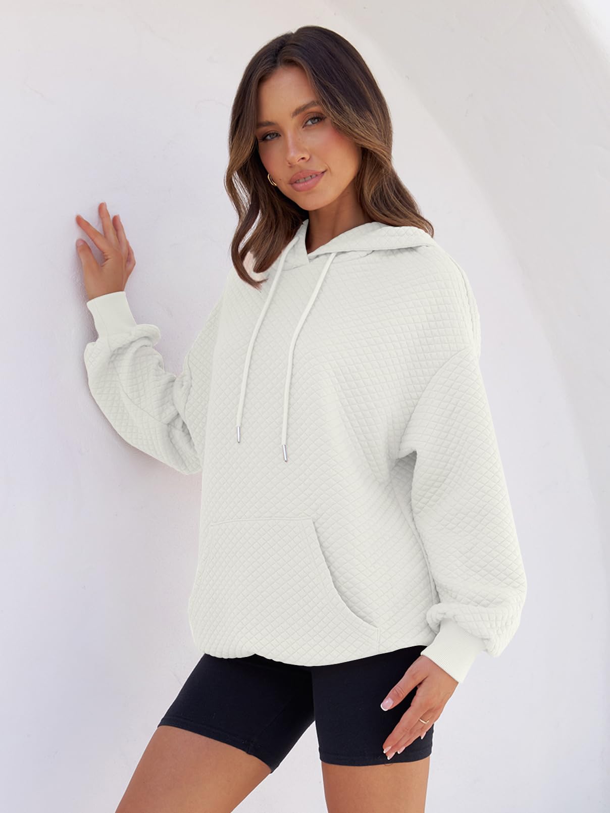 MEROKEETY Sweatshirt for Women Y2K Workout Hoodies Slouchy Solid Color Fall Winter Trendy Outfits, White, L