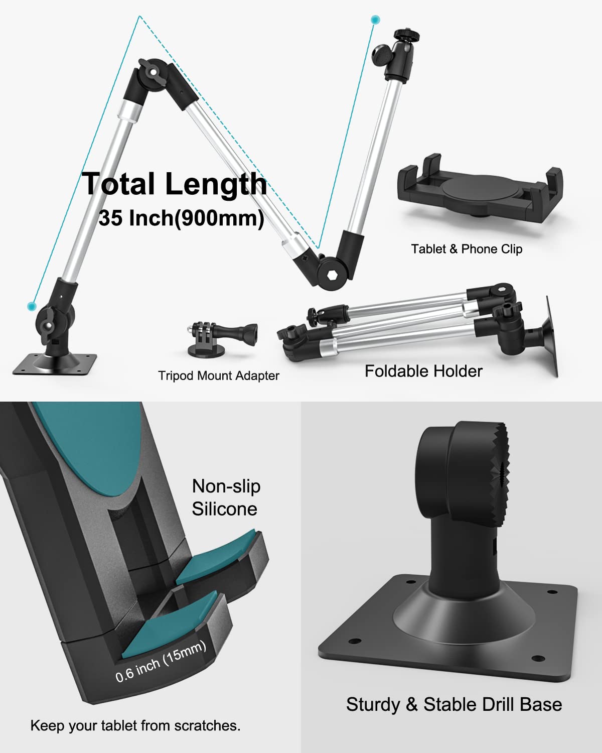 Tablet Wall Mount for iPad, 35in Adjustable Arm Drill Base Tablet Mount for Kitchen Cabinet Desk, Camera Holder Webcam Stand for iPad Pro 12.9 Air Mini, Galaxy Tabs, Switch,iPhone,4-13" Tablets