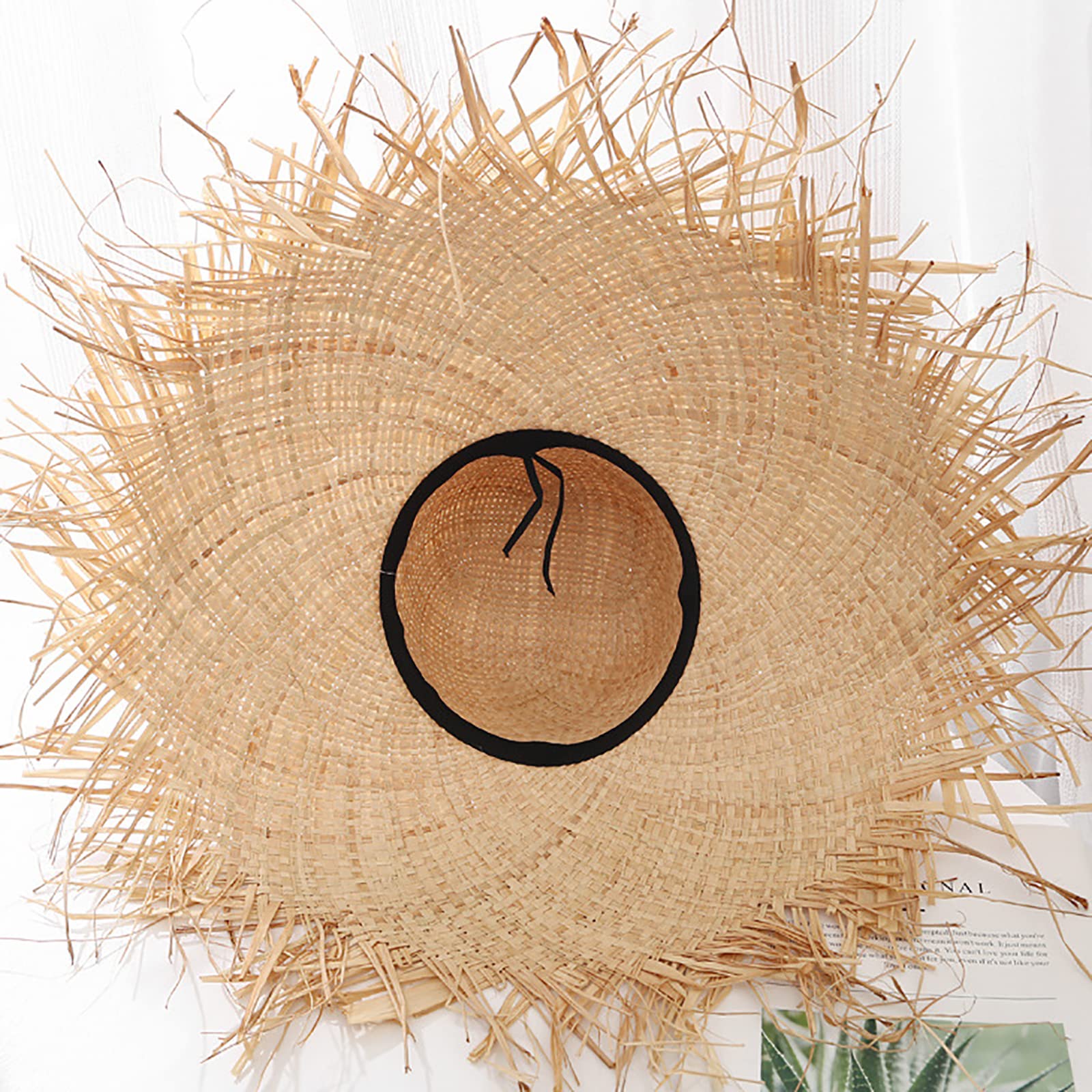 Womens Beach Sun Straw Hat Summer UV Sun Hat Wide Brim Fringe Beach Hat Boho Floppy Hat Fishing Cap (Khaki)