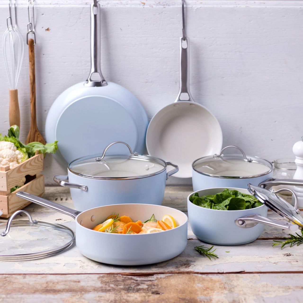 Light Blue 10 Piece Nonstick Ceramic Cookware Set, Cookware Pots and Pans Set with Lids, Frying Pan Skillet Set with Stainless Steel Handle, Dishwasher Safe
