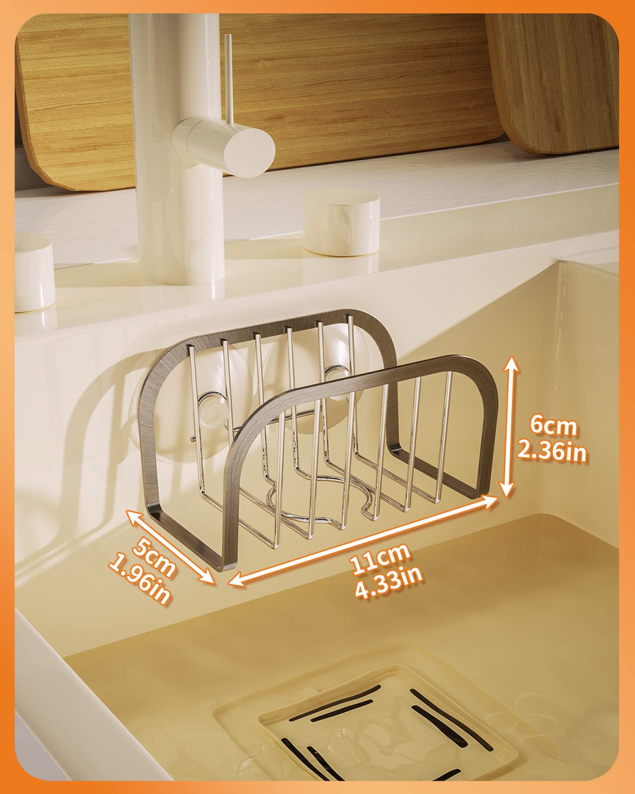 SWTYMIKI Sponge Holder for Kitchen Sink, Movable Sink Sponge Holder with Suction Cups Stainless Steel Sink Caddy Suction Cup for Sponge & Brush, Silver