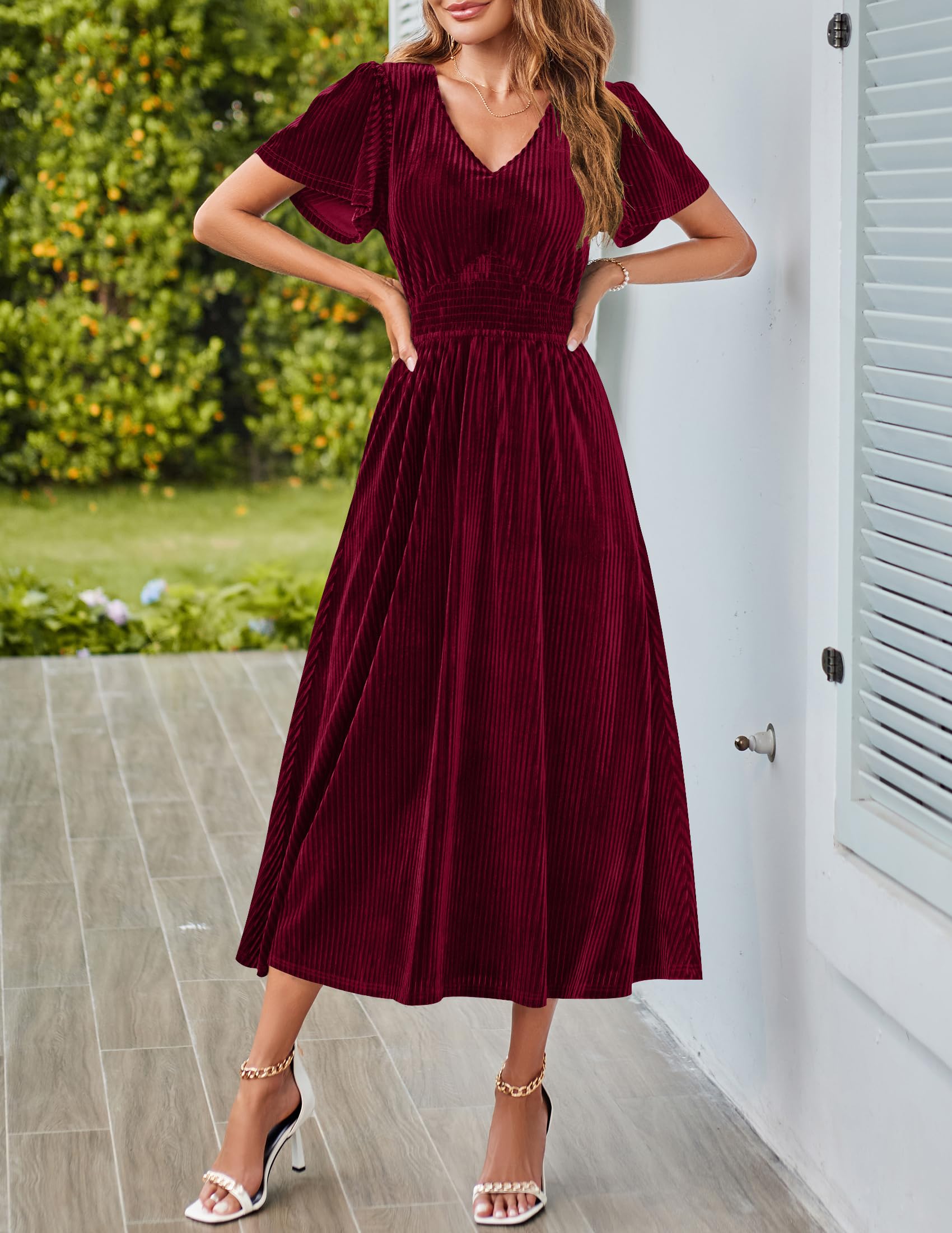 MEROKEETY Women's Flutter Short Sleeve V Neck Velvet Maxi Dress Bridesmaid Wedding Guest Formal Dresses WineRed M