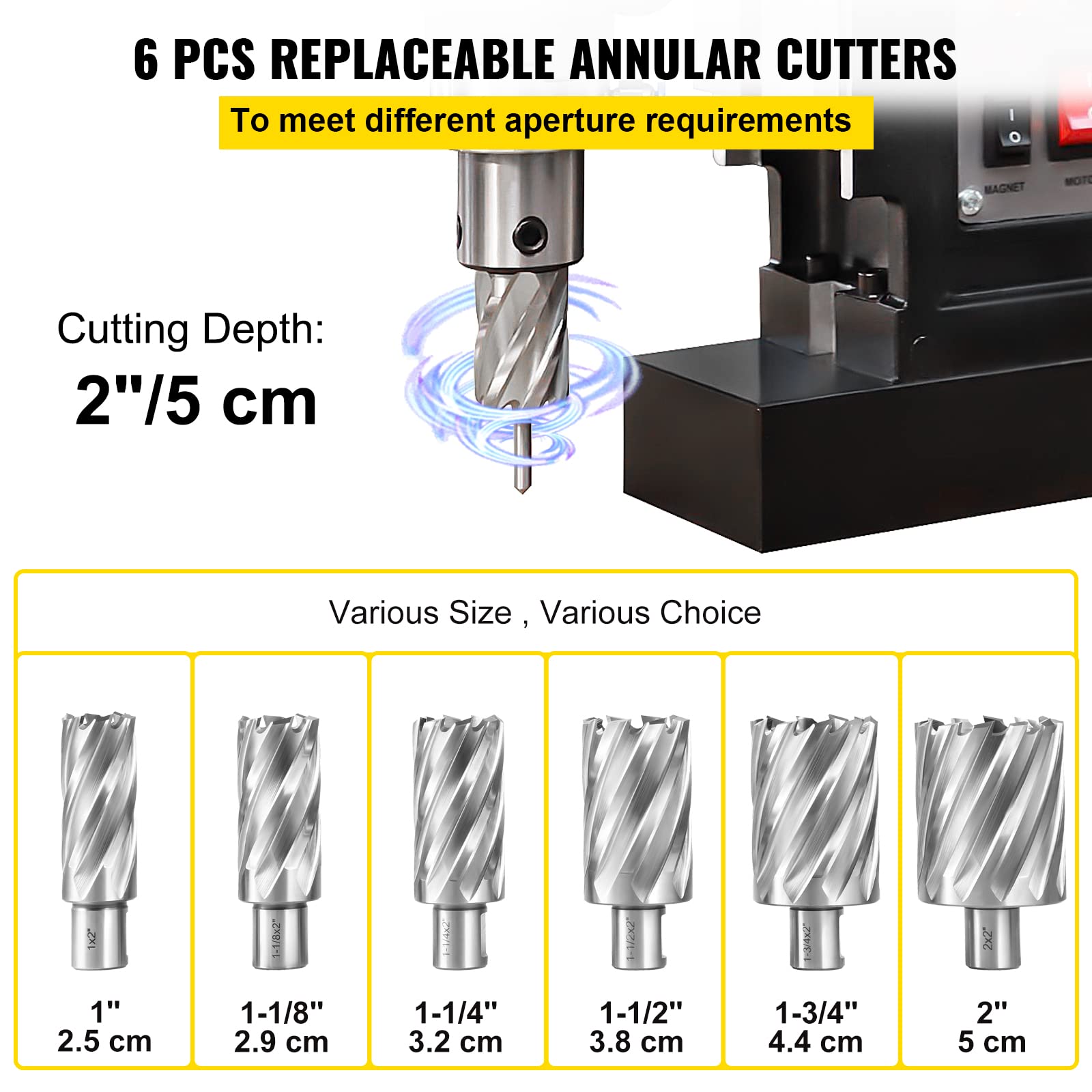 VEVOR Annular Cutter Set, 6 pcs 3/4" Weldon Shank, 2" Cutting Depth and Cutting Diameter from 1" to 2", 2 Pilot Pins & Strong Case for Using with Magnetic Drills, Silver