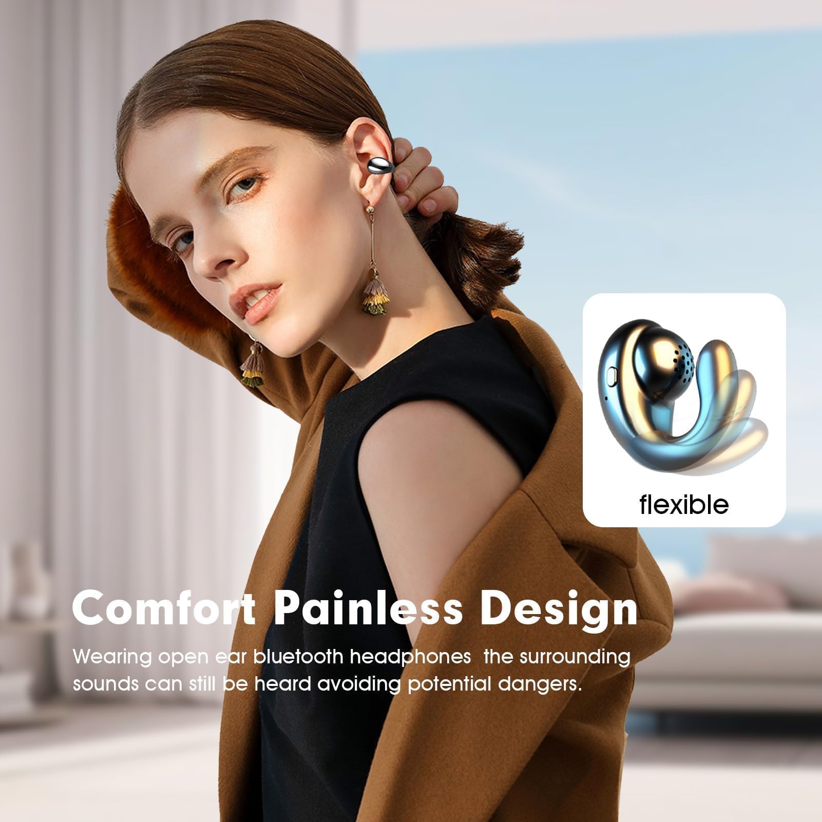 Wireless Earbuds with Earhooks Mini Bone Conduction Headphones Waterproof Bluetooth Open Ear Earbuds Cycling Earpiece Noise Canceling Headset Sports Bluetooth 5.0 Earphones Headset for Cycling Driving