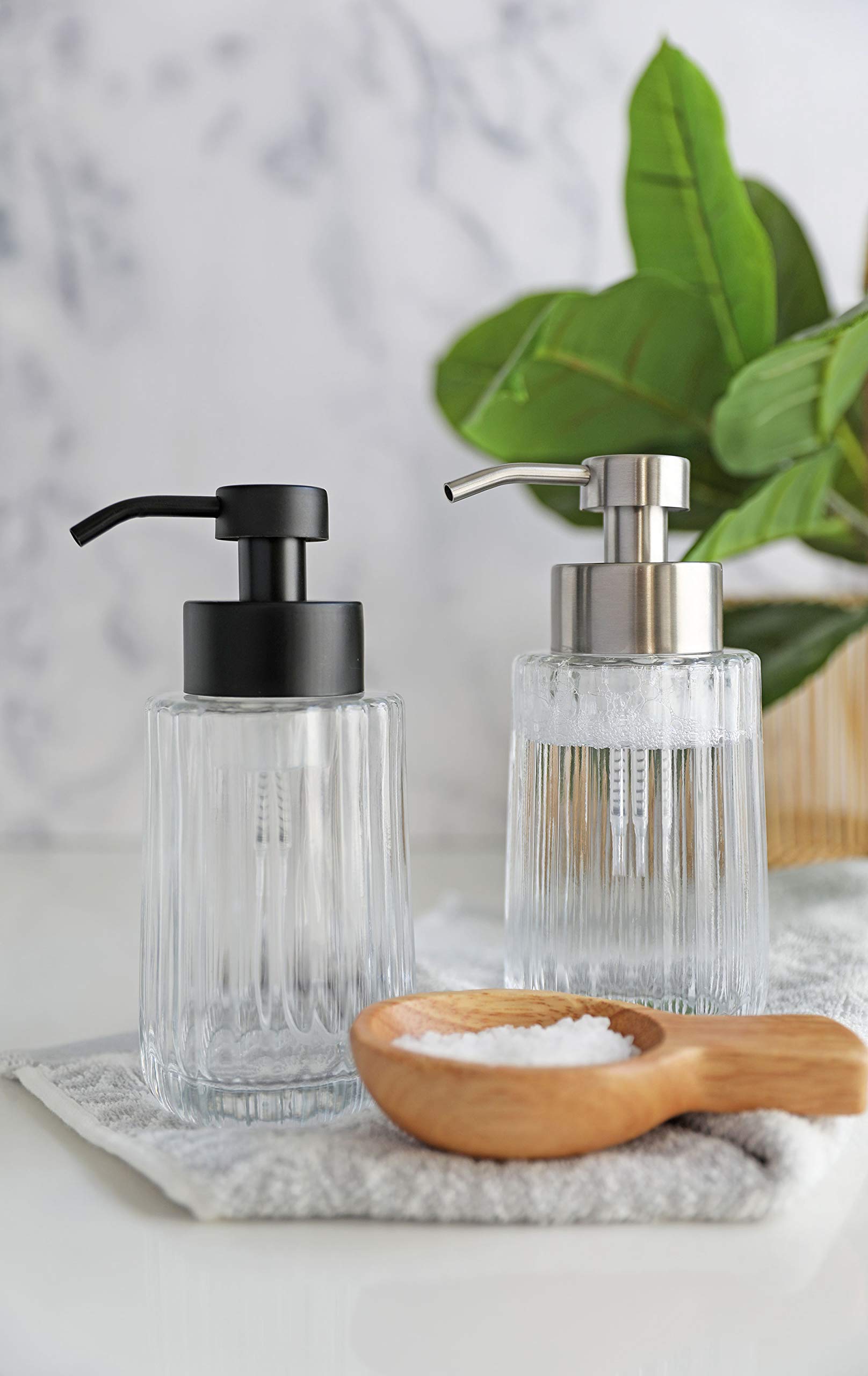 Rail19 Flora Fluted Foaming Soap Dispenser | Vintage-Inspired Modern Glass Refillable Pump Bottle for Bathroom Vanity Countertop and Kitchen, 10oz (Stainless)