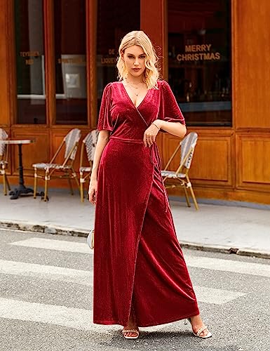 MEROKEETY Women's Velvet Maxi Dress 2024 Boho Wrap Cocktail Party Wedding Guest Formal Dresses, Red, Large