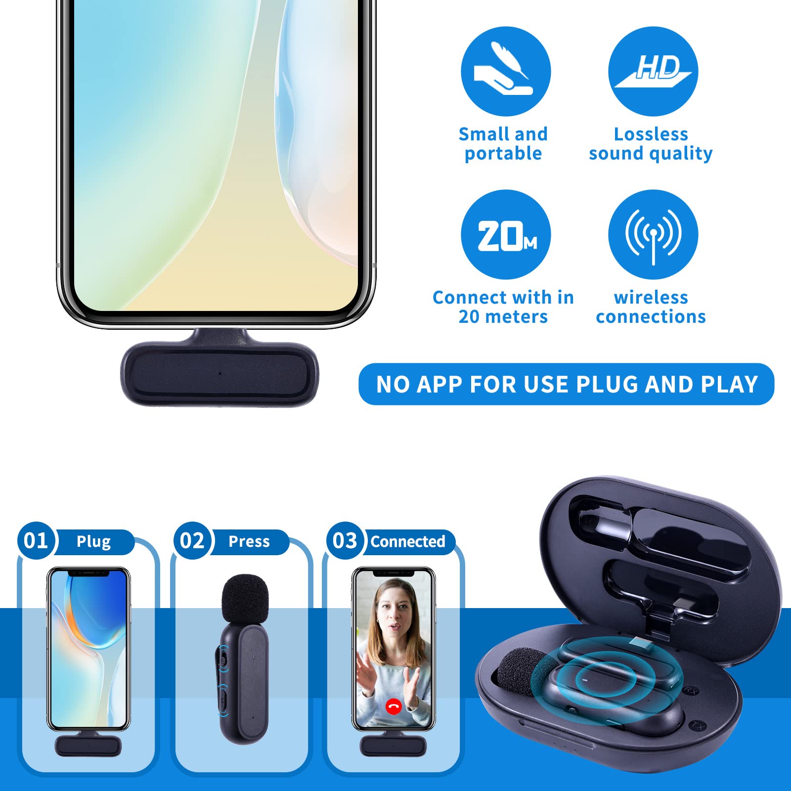 SINWE Clip-on Collar Microphone，Wireless Lavalier Lapel Microphone for iPhone Android &PC， with Charging Case and Monitor Headphone,Recording Mic for Interview Video Podcast Vlog YouTube