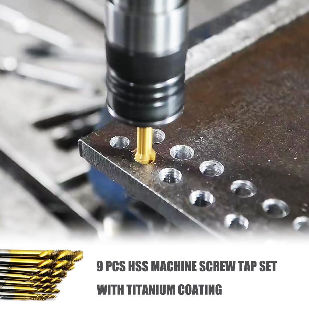 Machine Screw Tap Set, 9 PCS Titanium Coated HSS 6542 Spiral Flute Metric Machine Taps Set Drill and Tap Set Thread Tapping Tool Set-M2 M2.5 M3 M4 M5 M6 M8 M10 M12