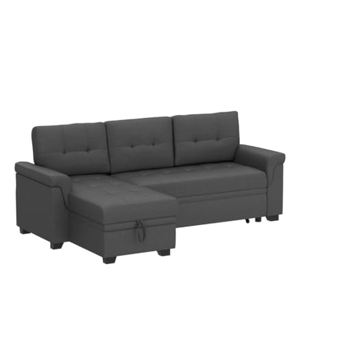MACHOME Functional Modern L-Shape Linen Reversible Fabric Sleeper Sectional Sofa with Storage Chaise, Dark Gray Corner Couch with Arms for Living Room, Apartment, Home Furniture, Dorm, 53 Inch