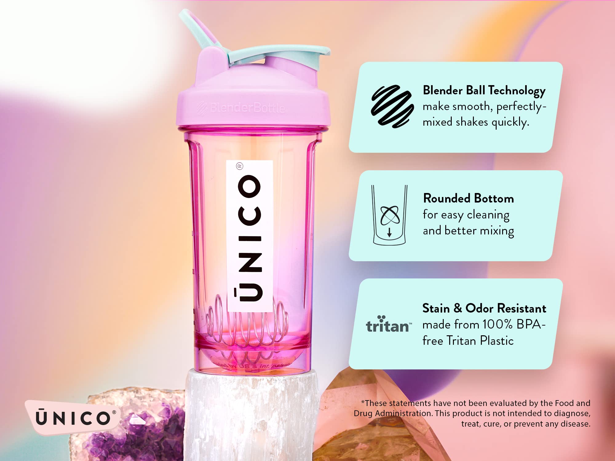 UNICO Crystal Purple Shaker Bottle - 24 oz - Extra-Durable | Leak-Proof | Tritan Plastic BPA-Free | Curved Bottom for Easy Cleaning | Cute Shaker Bottles | Protein Shaker w/Mixing Ball