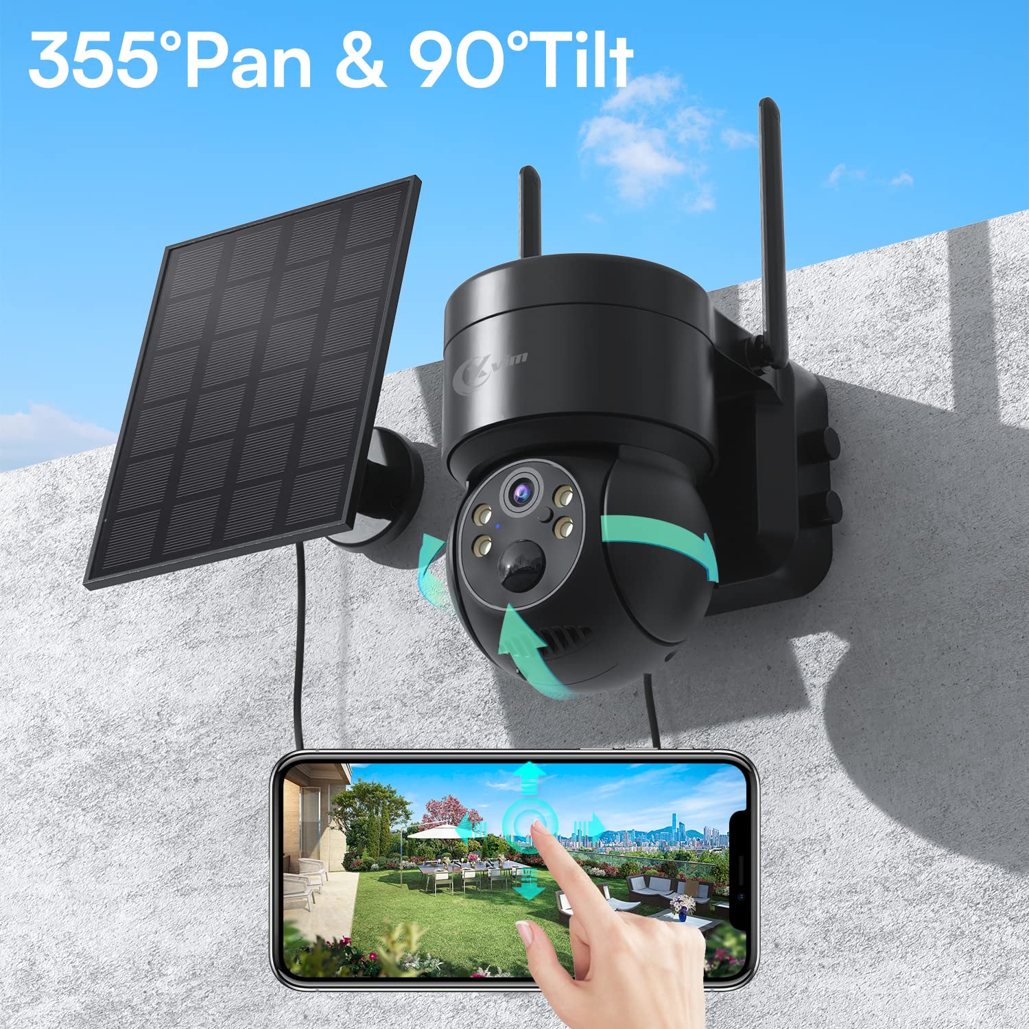 XVIM 2MP Pan/Tilt Solar Camera Security Outdoor, Rechargeable Solar Battery Security Camera with Color Night Vision, 2.4G WiFi Outdoor Cameras for Home Security, PIR Human Detection & 2-Way Audio