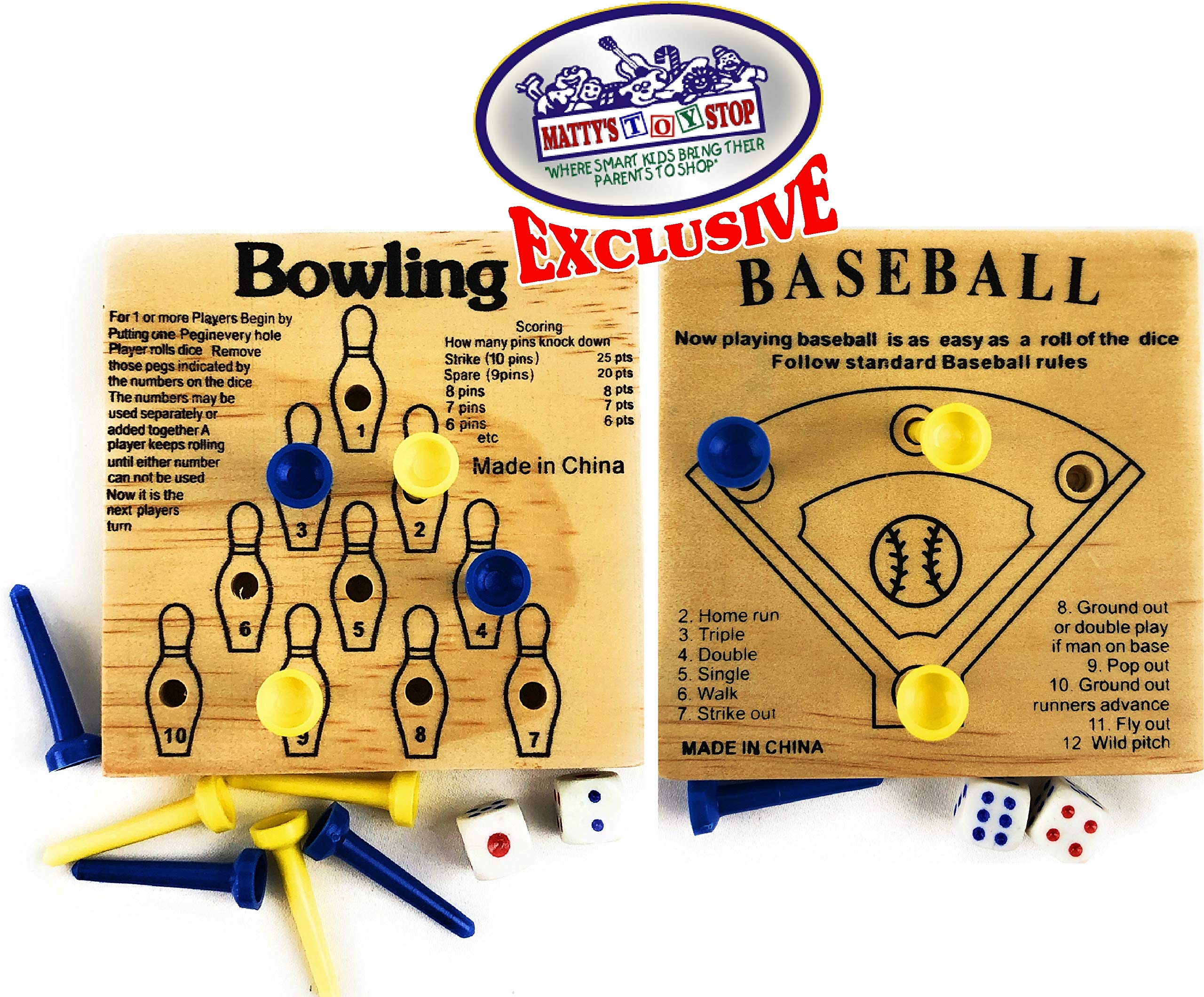 Matty's Toy Stop Deluxe Classic Peg Games Wood Puzzles (Baseball, Basketball, Bowling, Conqueror, Football, Golf, Mill & Tic Tac Toe) Gift Set Bundle with Bonus Storage Bag - 8 Pack
