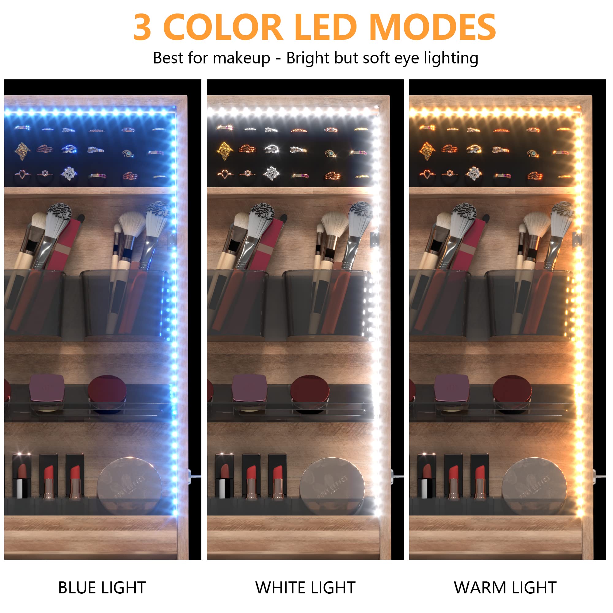 LVSOMT 3 LEDs Mirror with Jewelry Storage, Hanging Jewelry Organizer Mirror, Wall Mount Full Length Mirror Jewelry Cabinet with Inner Makeup Mirror, Updately Light Strips, White