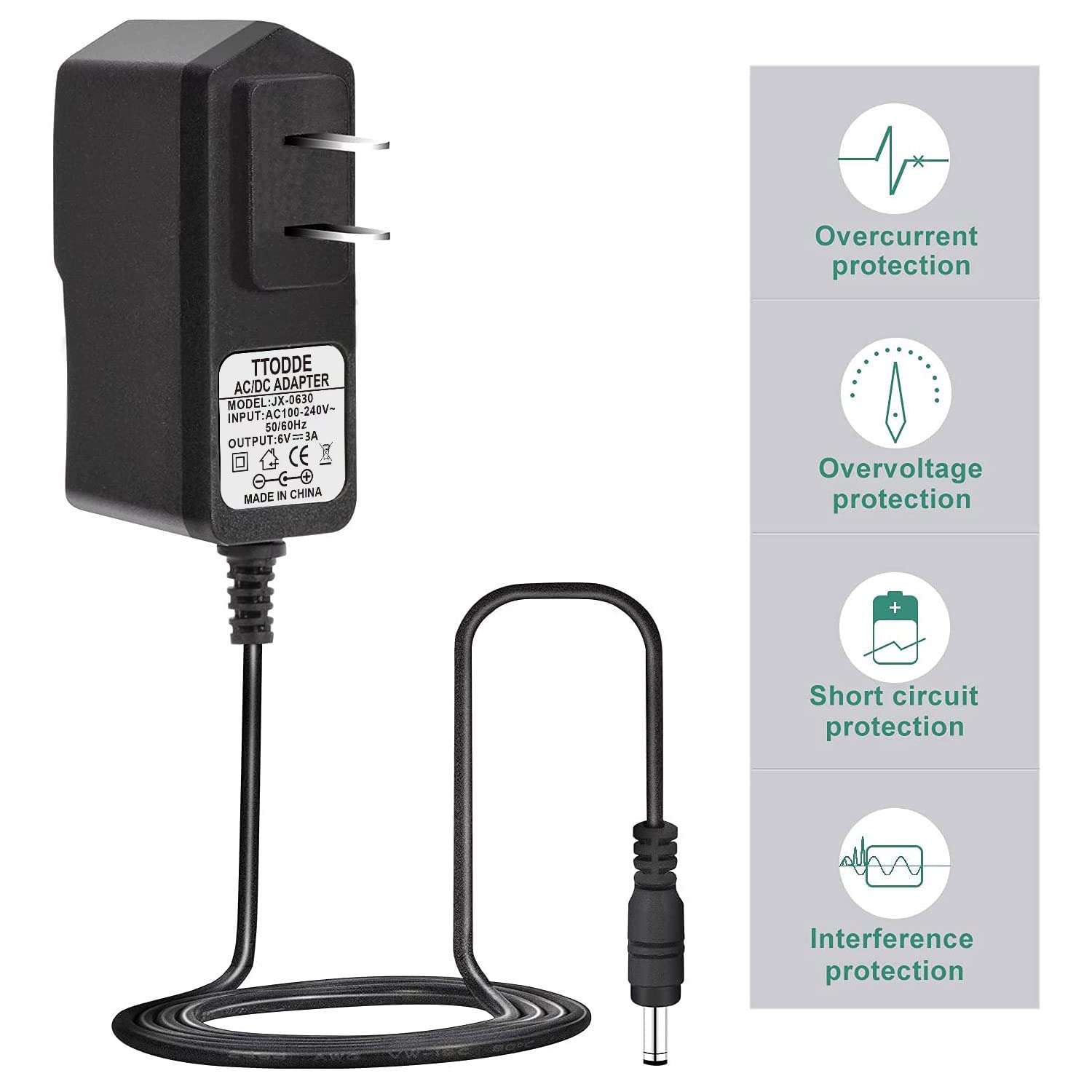 TTODDE AC/DC Adapter 6V 3A 2.5A 2A 1.5A 1A 800ma 500ma 300ma Power Supply Adapter 6V Power Cord 18W 100-240V 50-60Hz DC 6Volt 3000mA Power Adapter Chrager Compatible Most DC 6V Devices