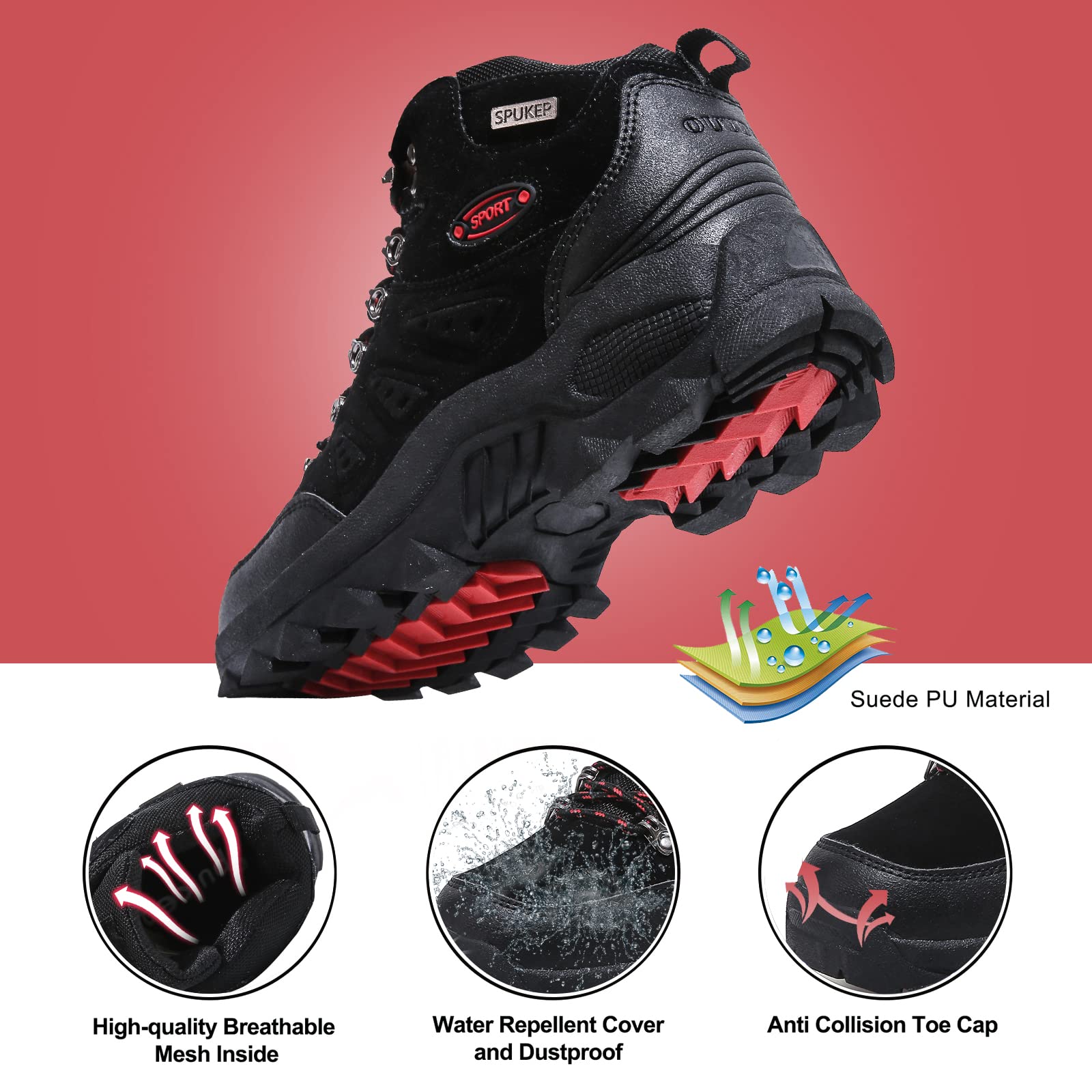 SPUKEP Women Hiking Boots Waterproof Mid Work Shoes Lace Up Suede Leather Walking Trekking Mountain Outdoor