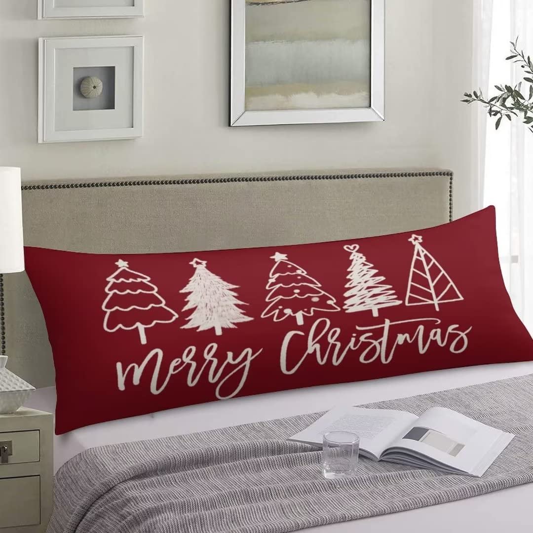 Merry Christmas Body Pillow Cover Winter Holiday Christmas Tree Long Pillowcase with Zipper Decorative Soft Cushion Covers Farmhouse Bedding Pillow Cases for Couch,Sofa,Bedroom,Home Gifts 20"x54",Red