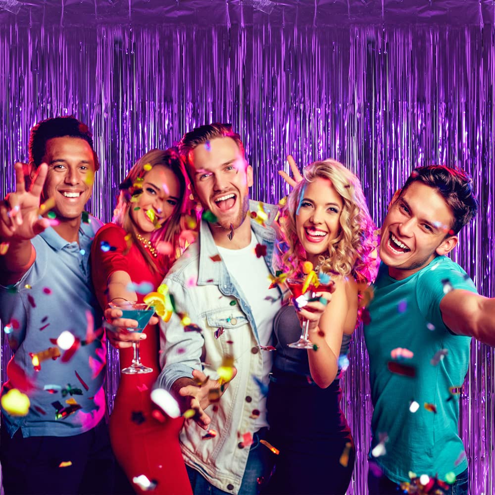Purple Backdrop Curtains for Party Decorations - 6.5x8.2 ft, Pack of 2 | LILF Non-Marking Tape Foil Fringe Curtain Streamers Tinsel Backdrop for Birthday Bachelorette Party Photo Booth Props