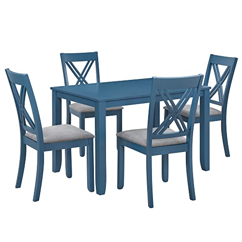 Lepfun Rustic Minimalist Style Wooden 5-Piece Table Set with 4 X-Back Upholstered Chairs for Apartment,Living, Dining Room and Small Places,Breakfast Nook,Easy to Assemble,Blue