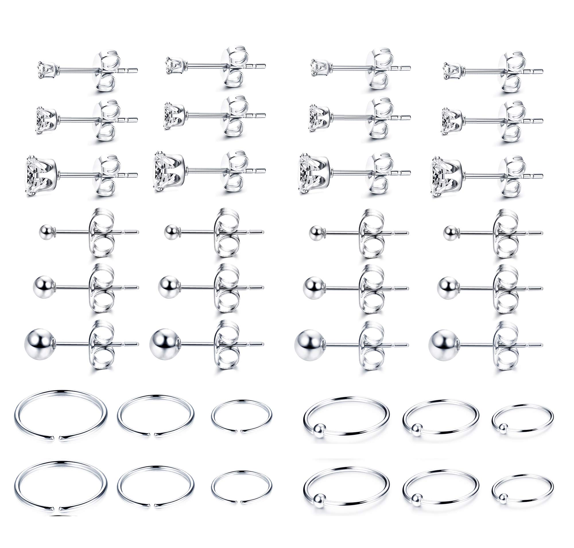 MILACOLATO 18 Pairs Small Tiny Stud Hoop Earrings for Women 14K White Good Plated Stainless Steel Earrings Set for Multiple Piercing Hypoallergenic CZ Ball Studs Endless Cartilage Hoops Earrings