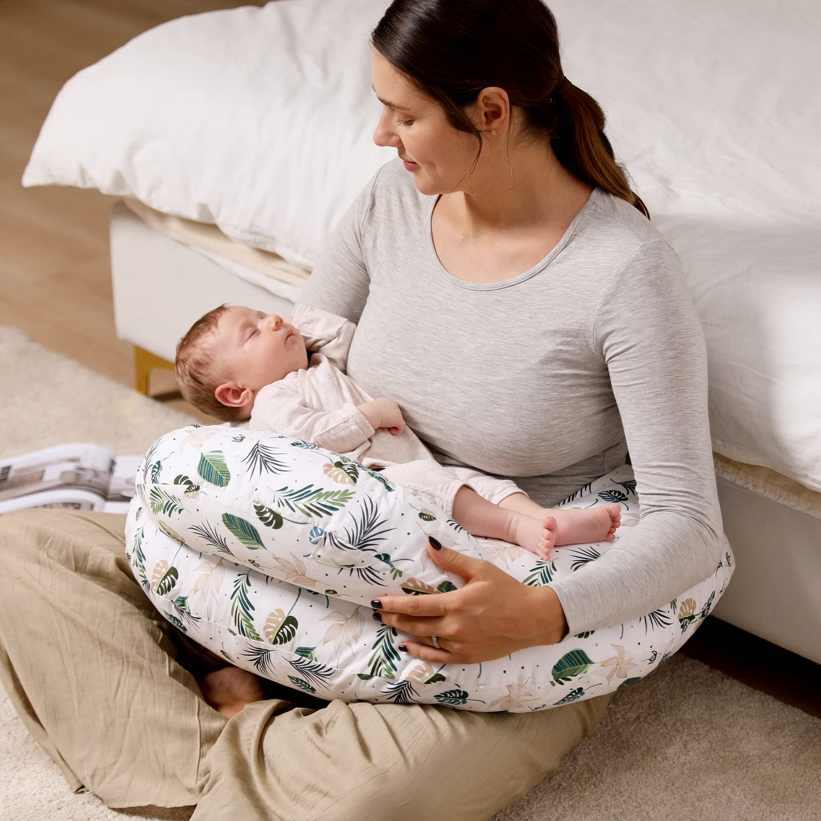 Momcozy Original Plus Size Nursing Pillow Cover, Fits All Breastfeeding Pillows, 100% Cotton Cover with Adjustable Waist Strap, Spring Leaves, Cover Only