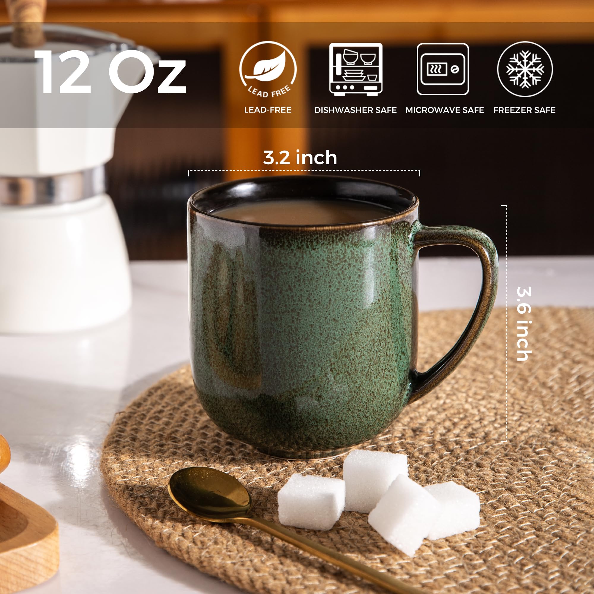 LERATIO 12OZ Ceramic Coffee Mugs Set of 6, Large Porcelain Coffee Cups With Large Handle For Latte,Cappuccino,Milk,Cocoa,|Dishwasher&Microwave Safe Mug Sets,Ideal for Man,Woman,Dad, Mom-Green
