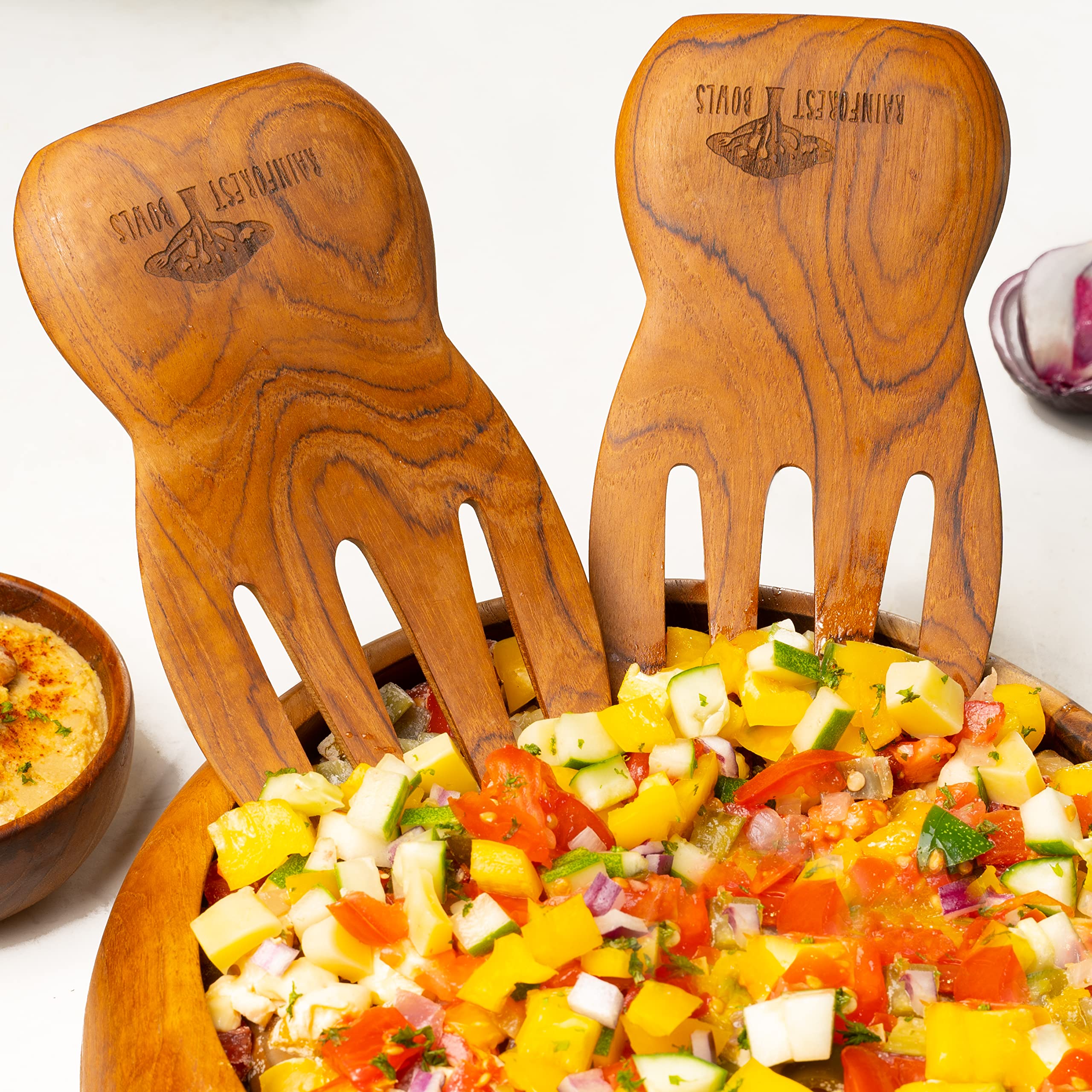 Rainforest Bowls Javanese Teak Wood Salad Serving Hands w/Knob Handles - Perfect for Mixing, Tossing & Serving Salad - Ultra-Durable- Premium Wooden Design Handcrafted by Indonesian Artisans