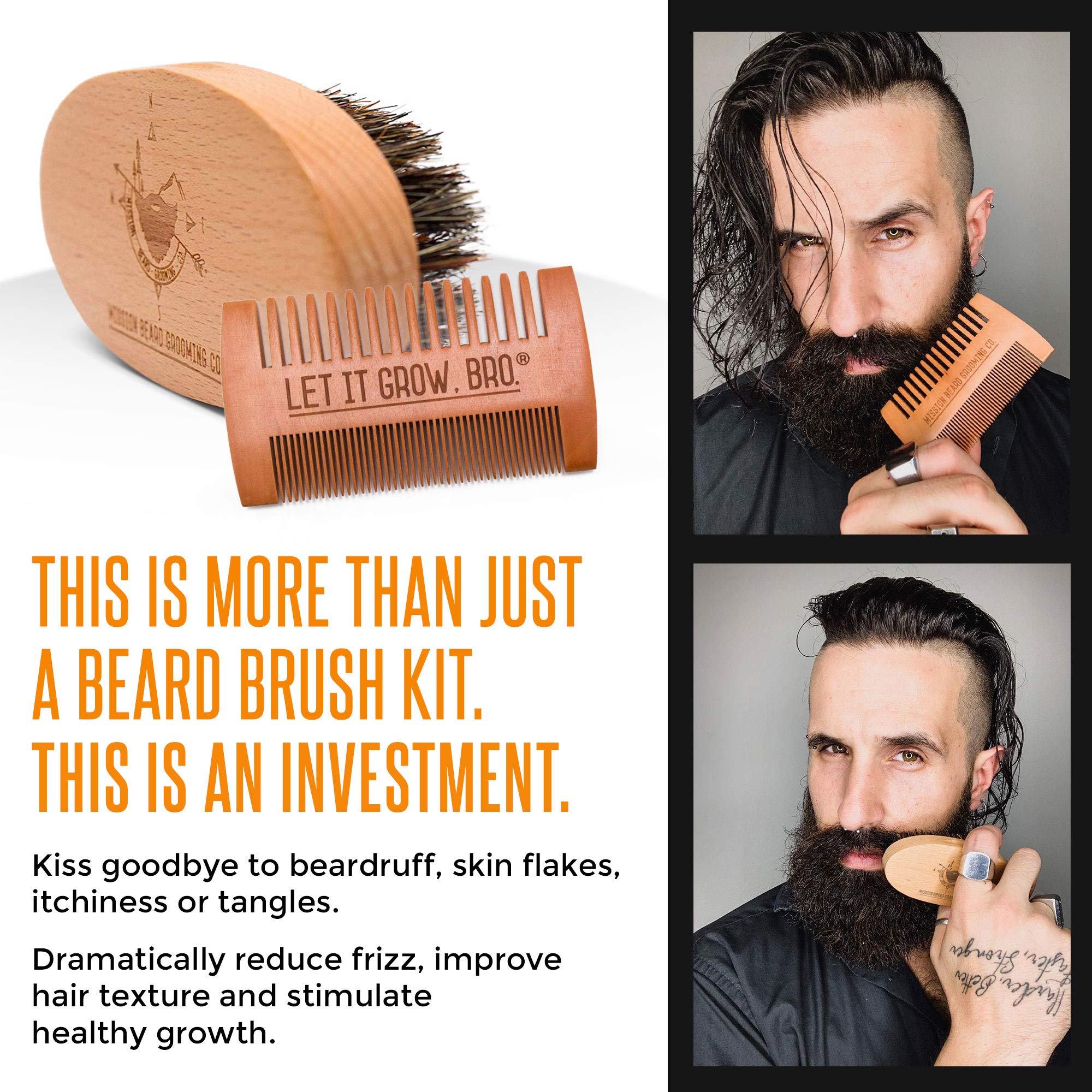 MISSION BEARD GROOMING CO. 100% Boar Bristle Beard Brush & Comb Set - Exfoliates Skin, Tames The Wildest Beards & Promotes Beard Growth