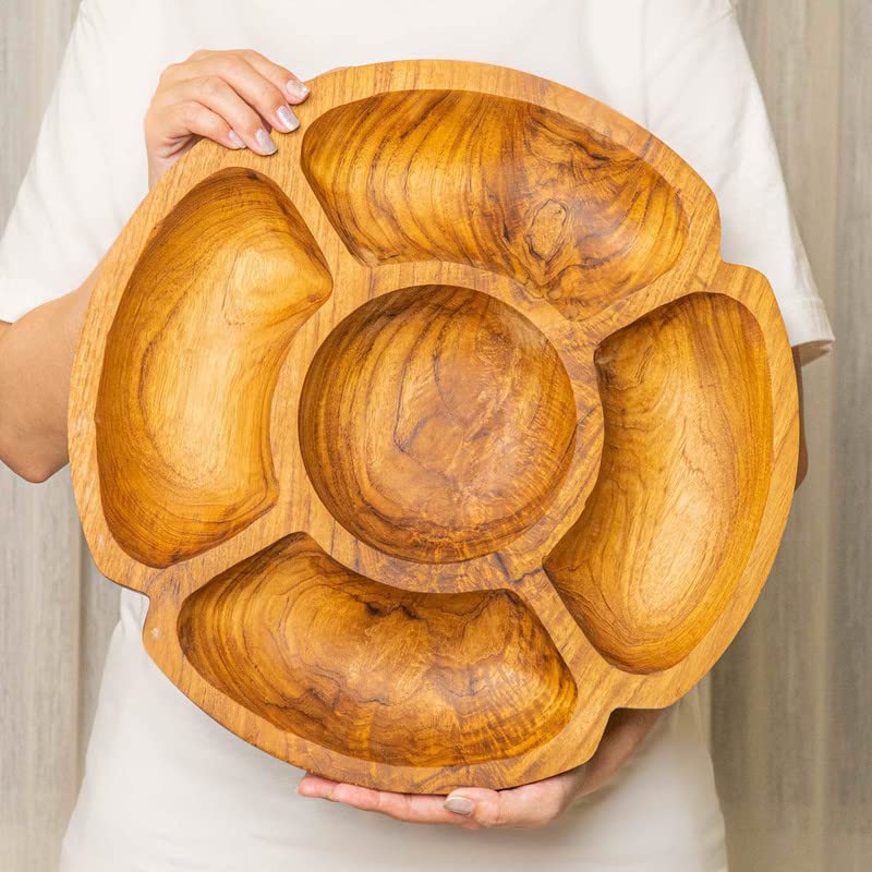 Rainforest Bowls Huge 16" Javanese Teak Wood Chip & Dip Divided Serving Set Platter- Ultra-Durable, Heirloom Piece Lasts a Lifetime- Exclusive Luxury Custom Design Handcrafted by Indonesian Artisans