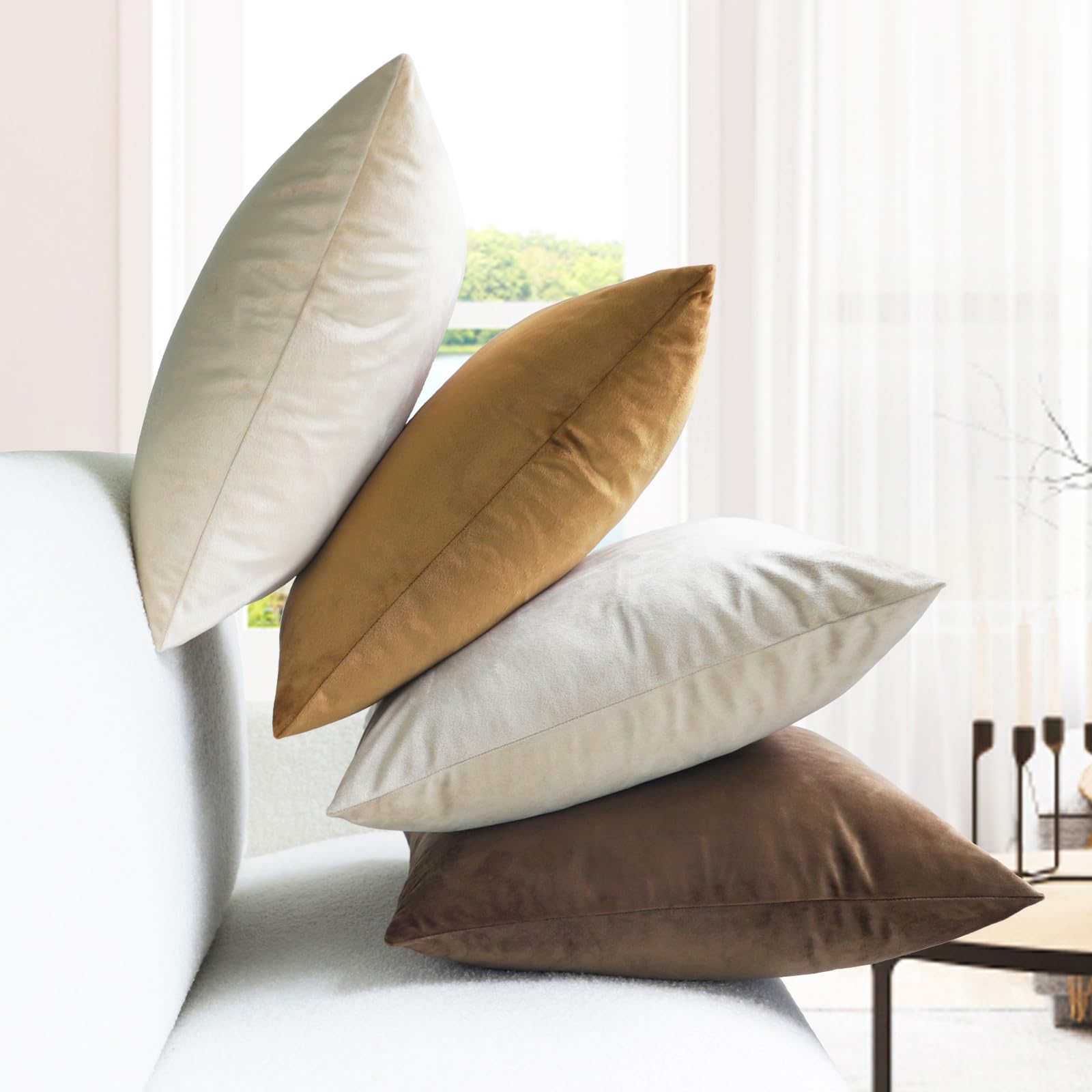 MEKAJUS Throw Pillow Covers 18x18 Set of 4 Decorative Pillow Covers Soft Velvet Pillow Covers Couch Pillows for Living Room Sofa Car Home Decor (Brown/Beige)