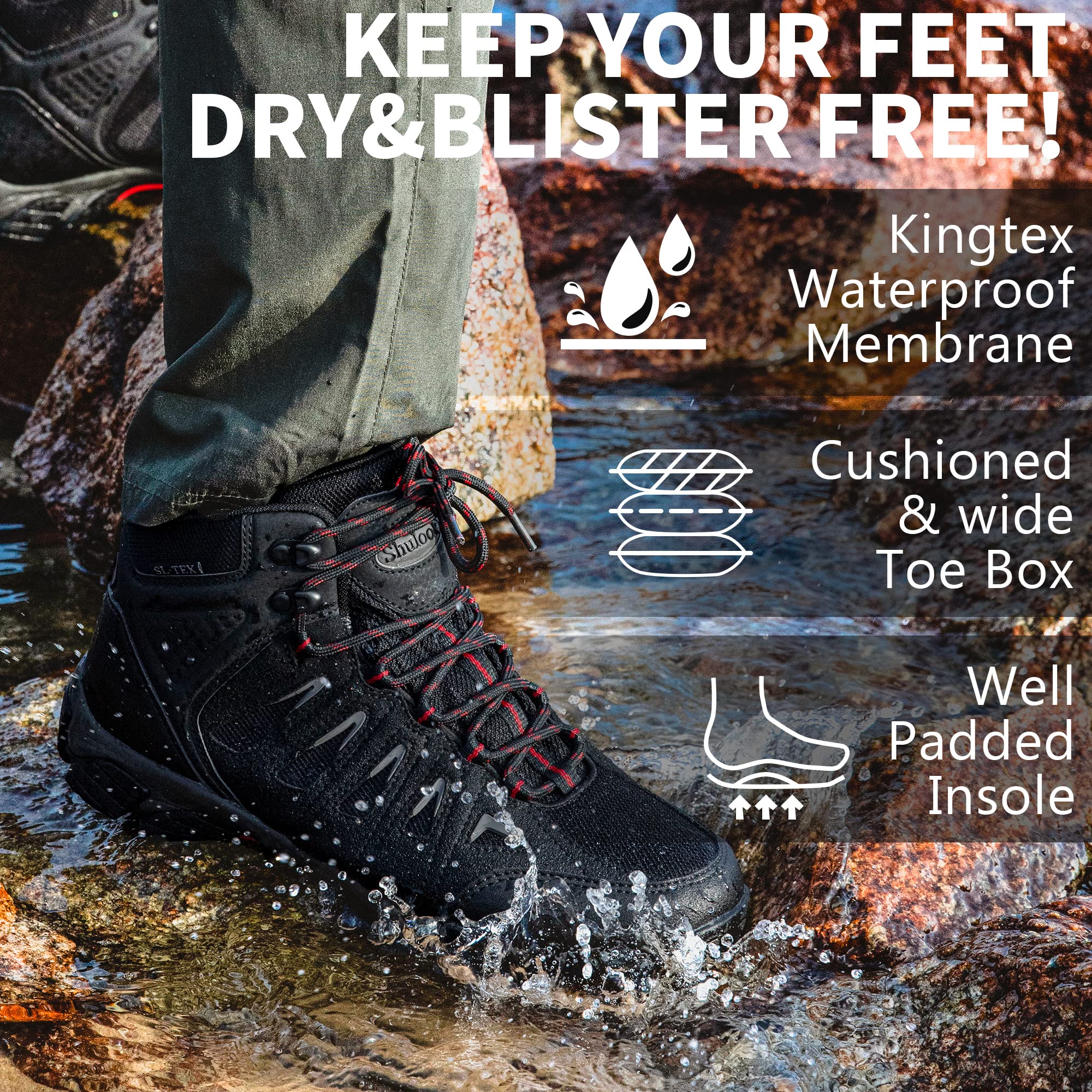 SHULOOK Men's Waterproof Hiking Boots Non-Slip Lightweight Outdoor Mid Top Ankle Boot Breathable Hiker Work Trekking Shoes