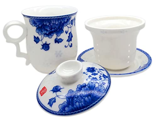 Tea Talent Porcelain Tea Cup with Infuser Lid and Saucer Sets - Chinese Jingdezhen Ceramics Coffee Mug Teacup Loose Leaf Tea Brewing System for Home Office