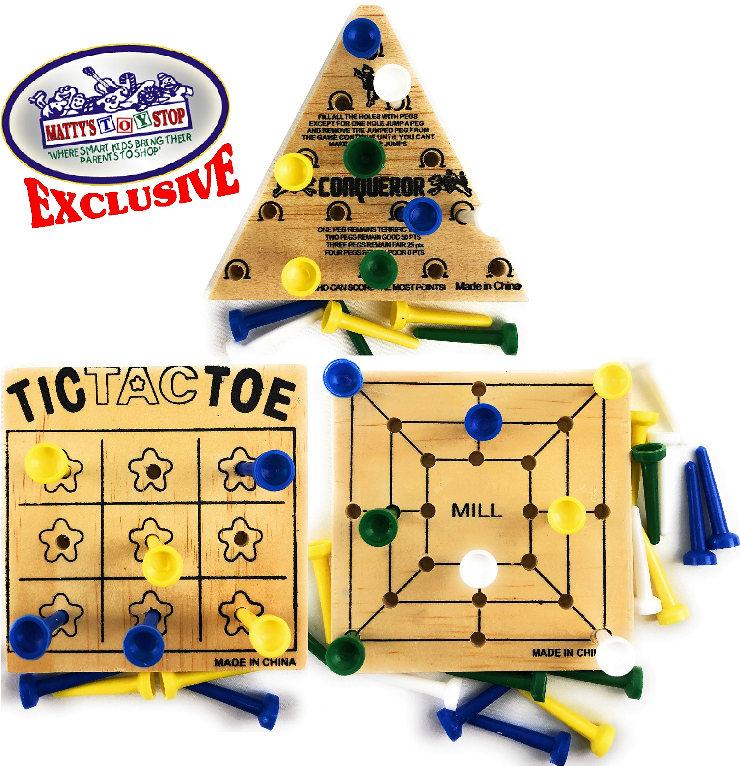 Matty's Toy Stop Deluxe Classic Peg Games Wood Puzzles (Baseball, Basketball, Bowling, Conqueror, Football, Golf, Mill & Tic Tac Toe) Gift Set Bundle with Bonus Storage Bag - 8 Pack
